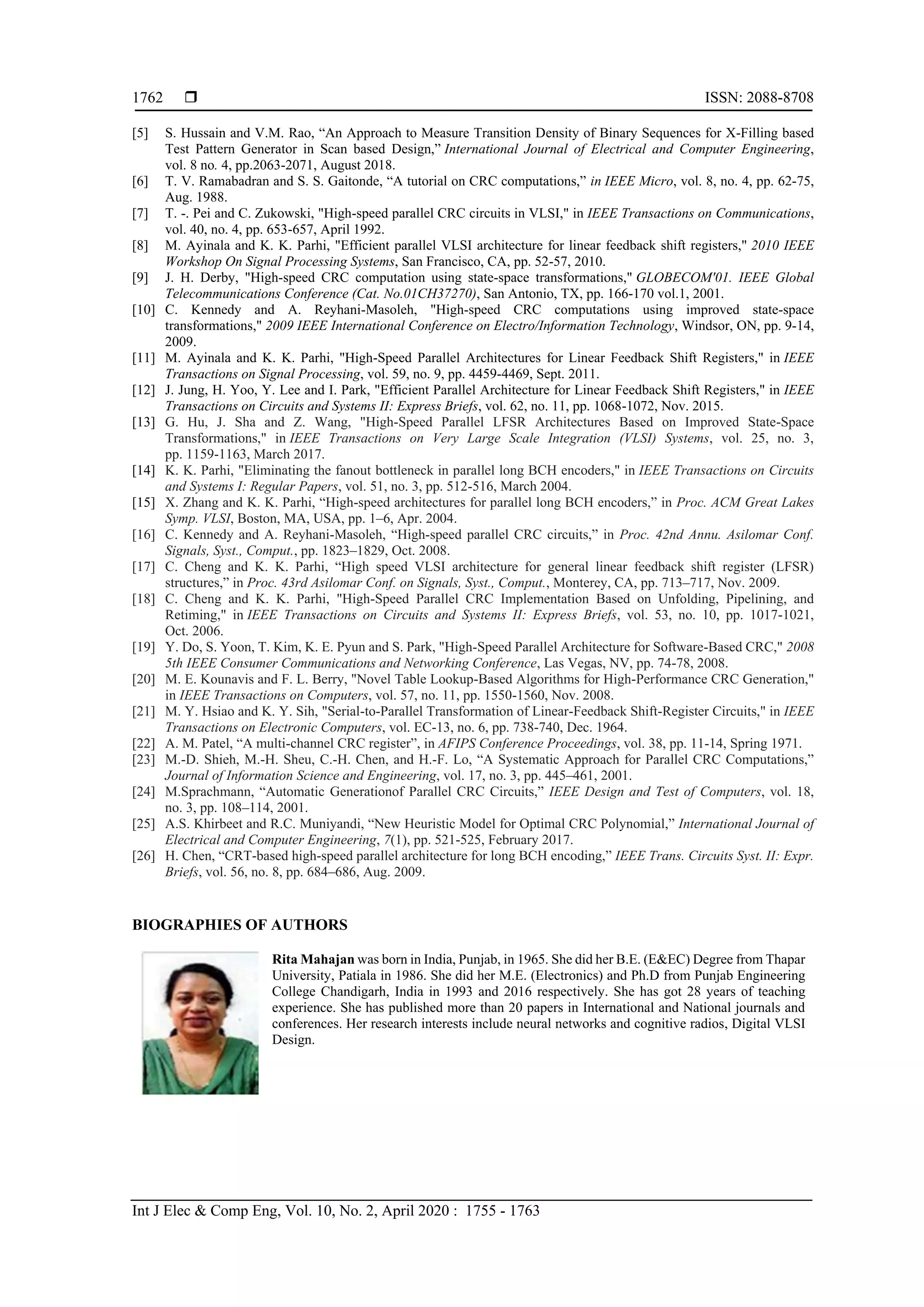 Area efficient parallel LFSR for cyclic redundancy check | PDF