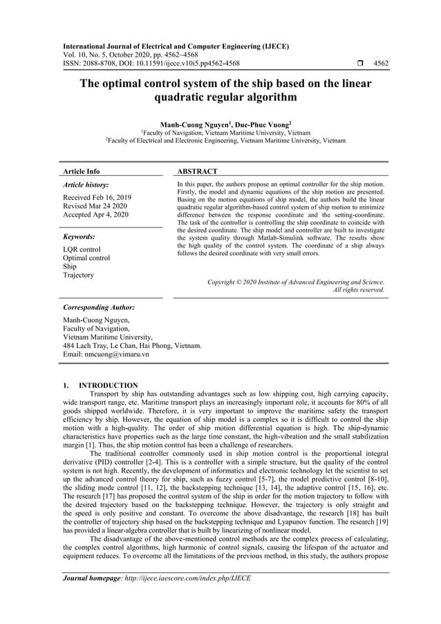 The optimal control system of the ship based on the linear quadratic ...