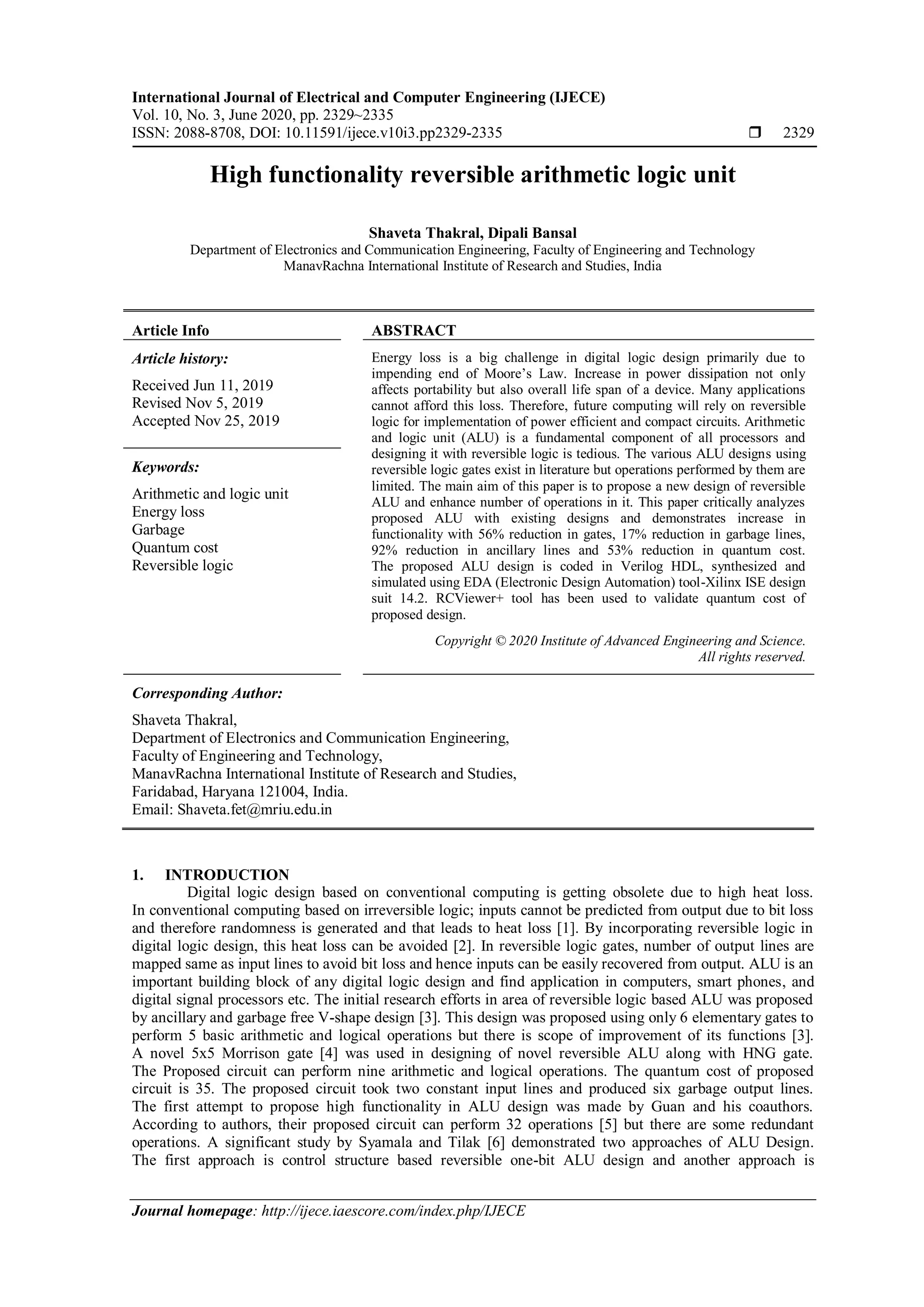High functionality reversible arithmetic logic unit | PDF | Technology & Computing