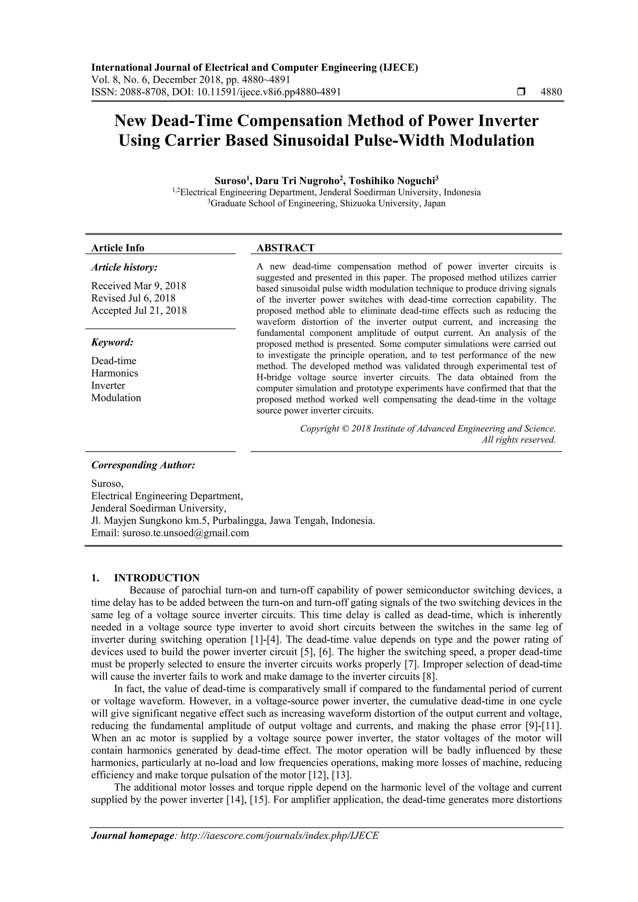 New Dead Time Compensation Method Of Power Inverter Using Carrier Based Sinusoidal Pulse Width