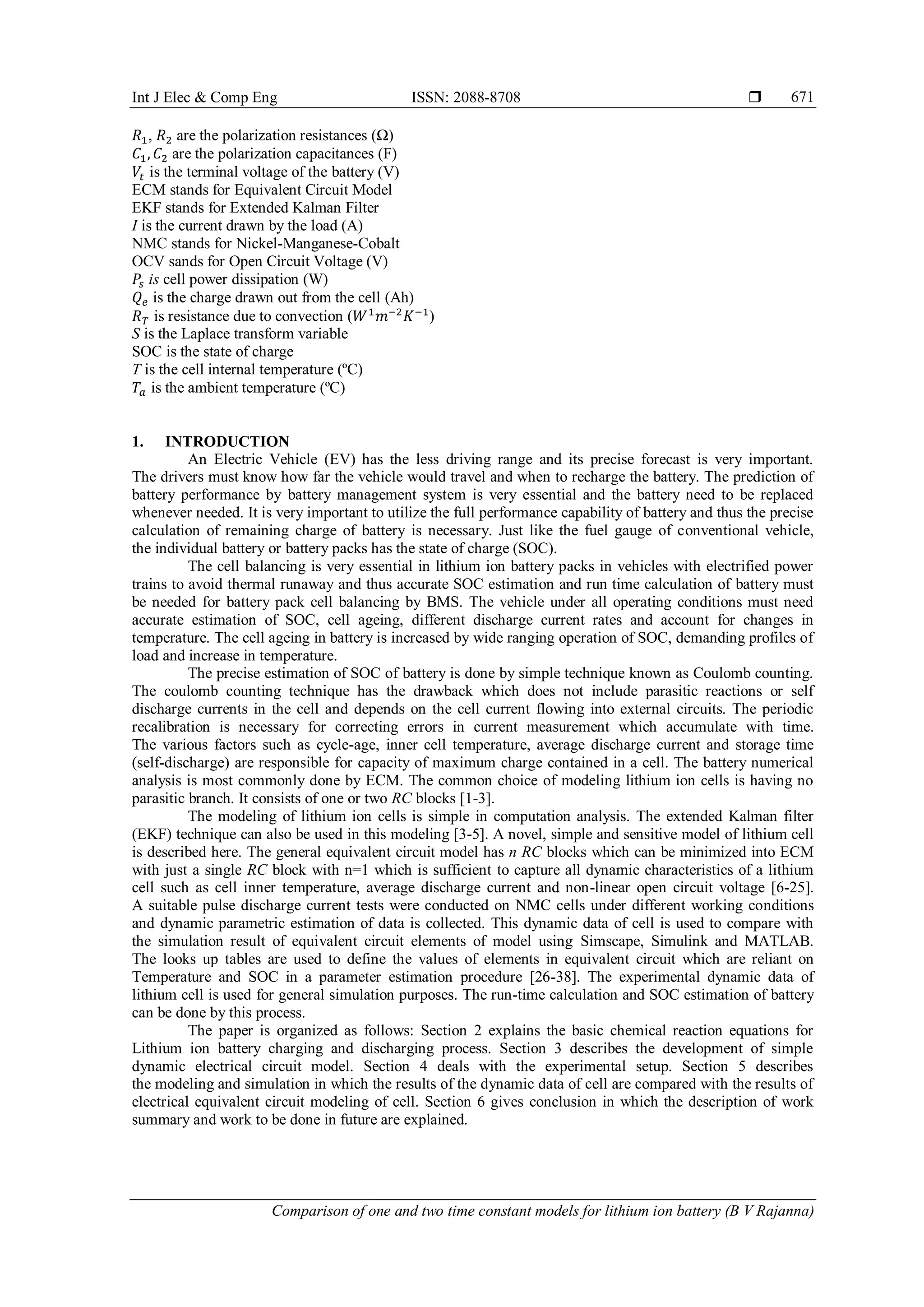 Comparison of one and two time constant models for lithium ion battery ...