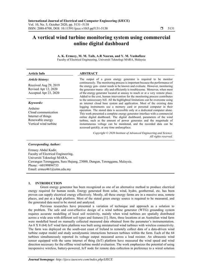 A vertical wind turbine monitoring system using commercial online digital dashboard | PDF