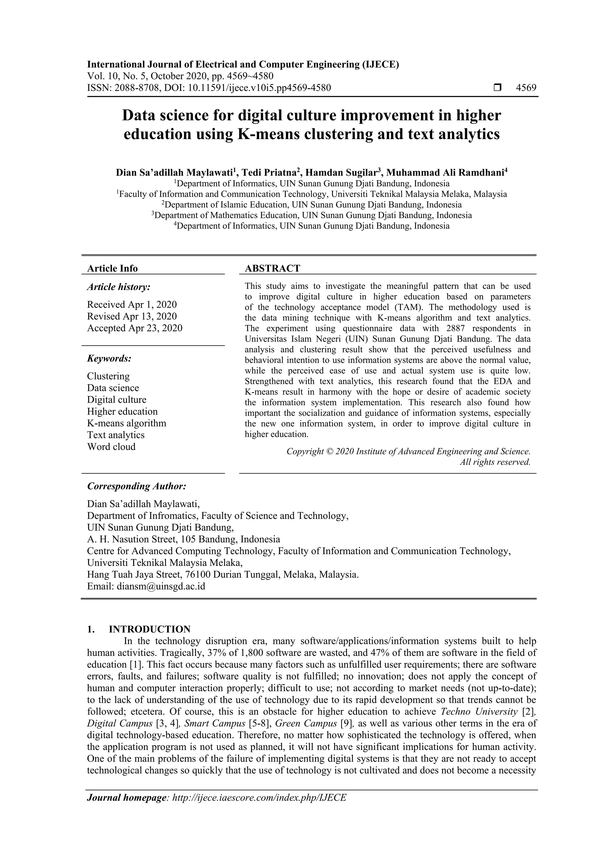 Data science for digital culture improvement in higher education using K-means clustering and ...