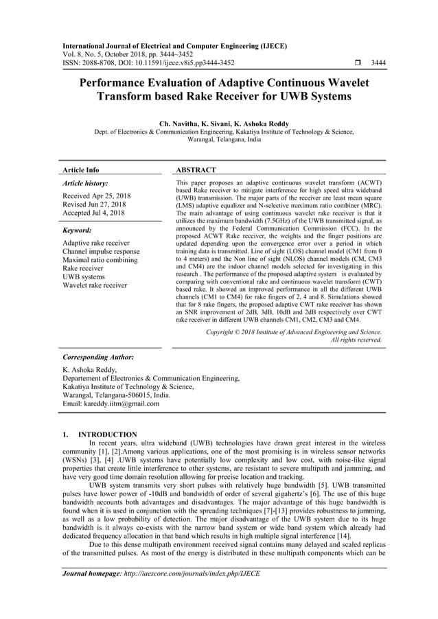 Performance Evaluation Of Adaptive Continuous Wavelet Transform Based Rake Receiver For Uwb