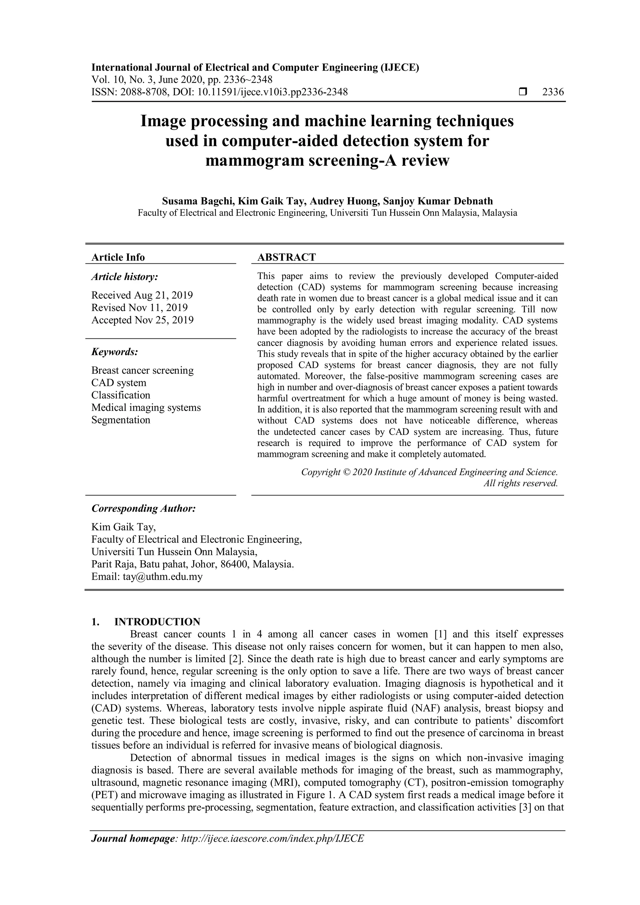 Image processing and machine learning techniques used in computer-aided detection system for ...