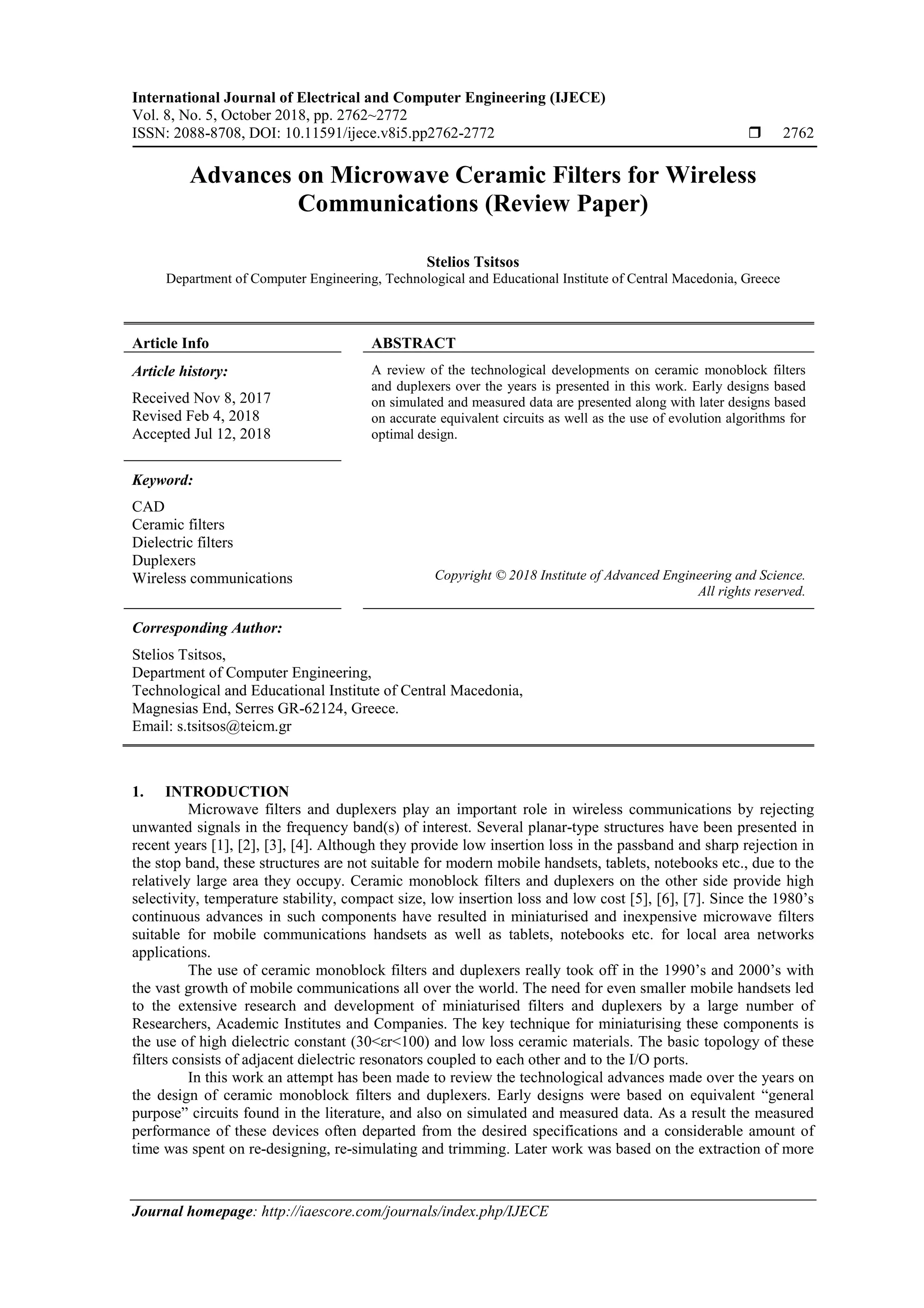 Advances on Microwave Ceramic Filters for Wireless Communications (Review Paper) | PDF