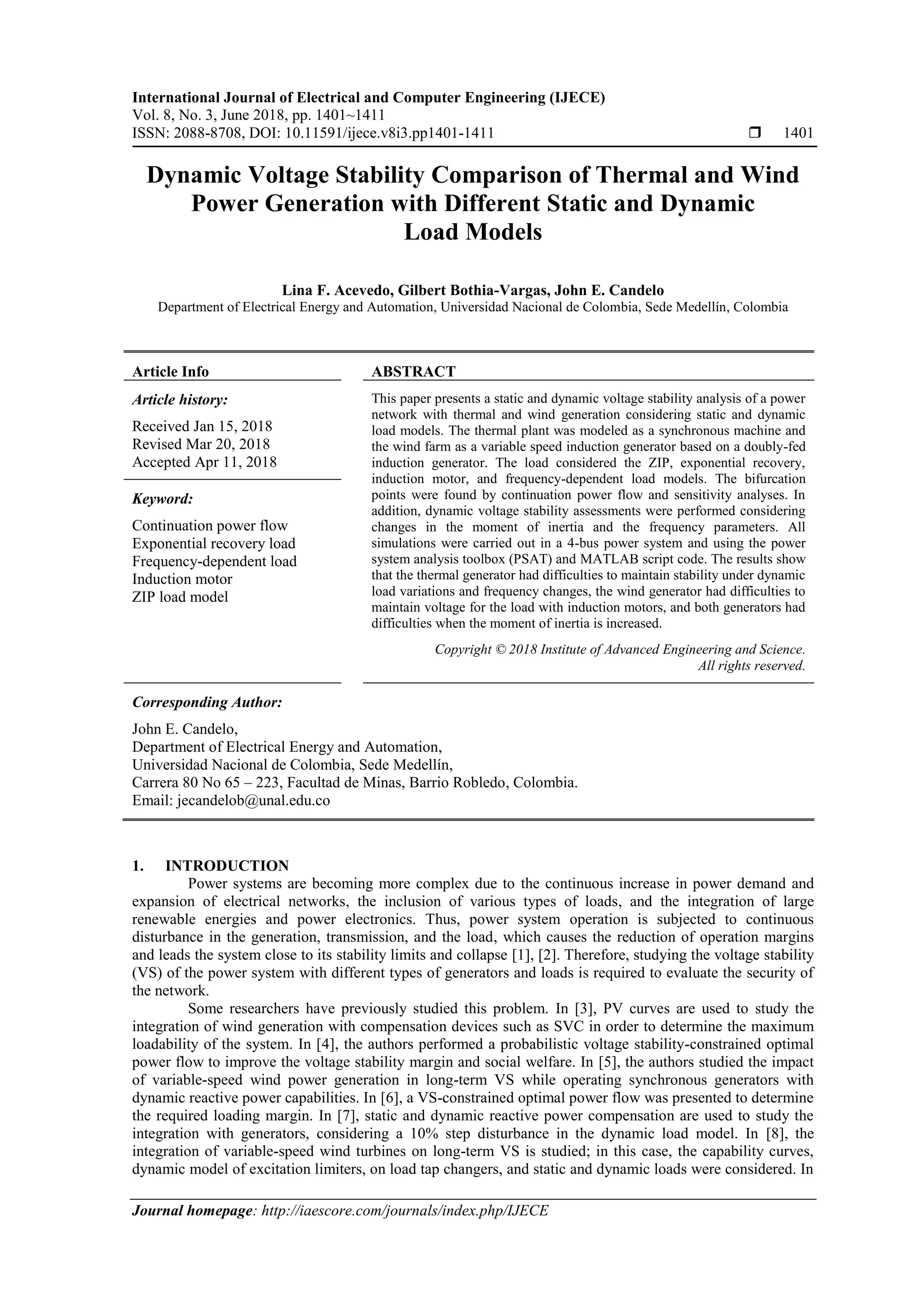 Dynamic Voltage Stability Comparison of Thermal and Wind Power Generation with Different Static ...
