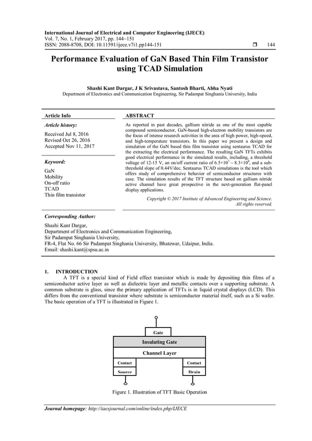 Performance Evaluation of GaN Based Thin Film Transistor using TCAD Simulation | PDF