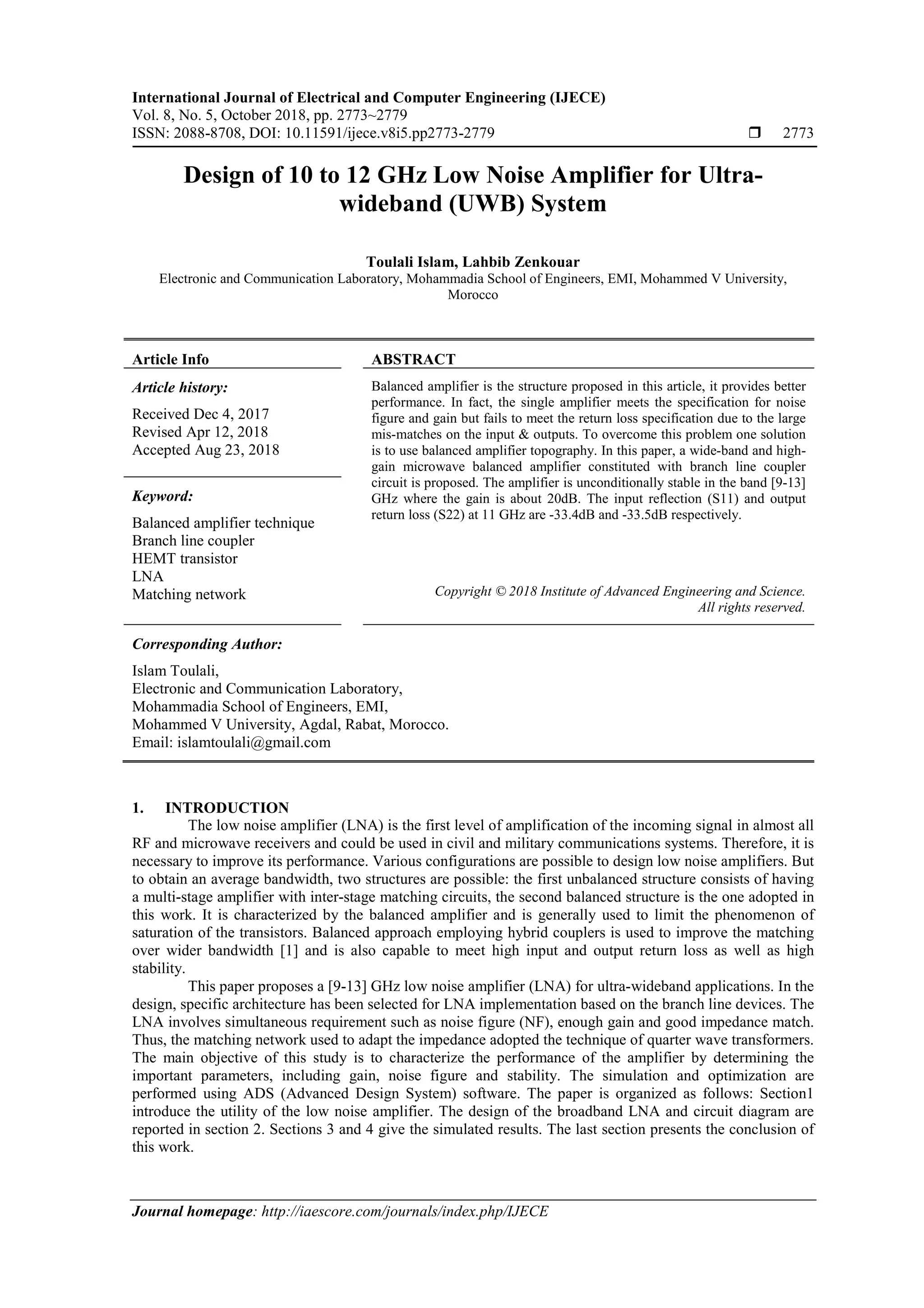 Design of 10 to 12 GHz Low Noise Amplifier for Ultrawideband (UWB) System | PDF | Digital Audio ...