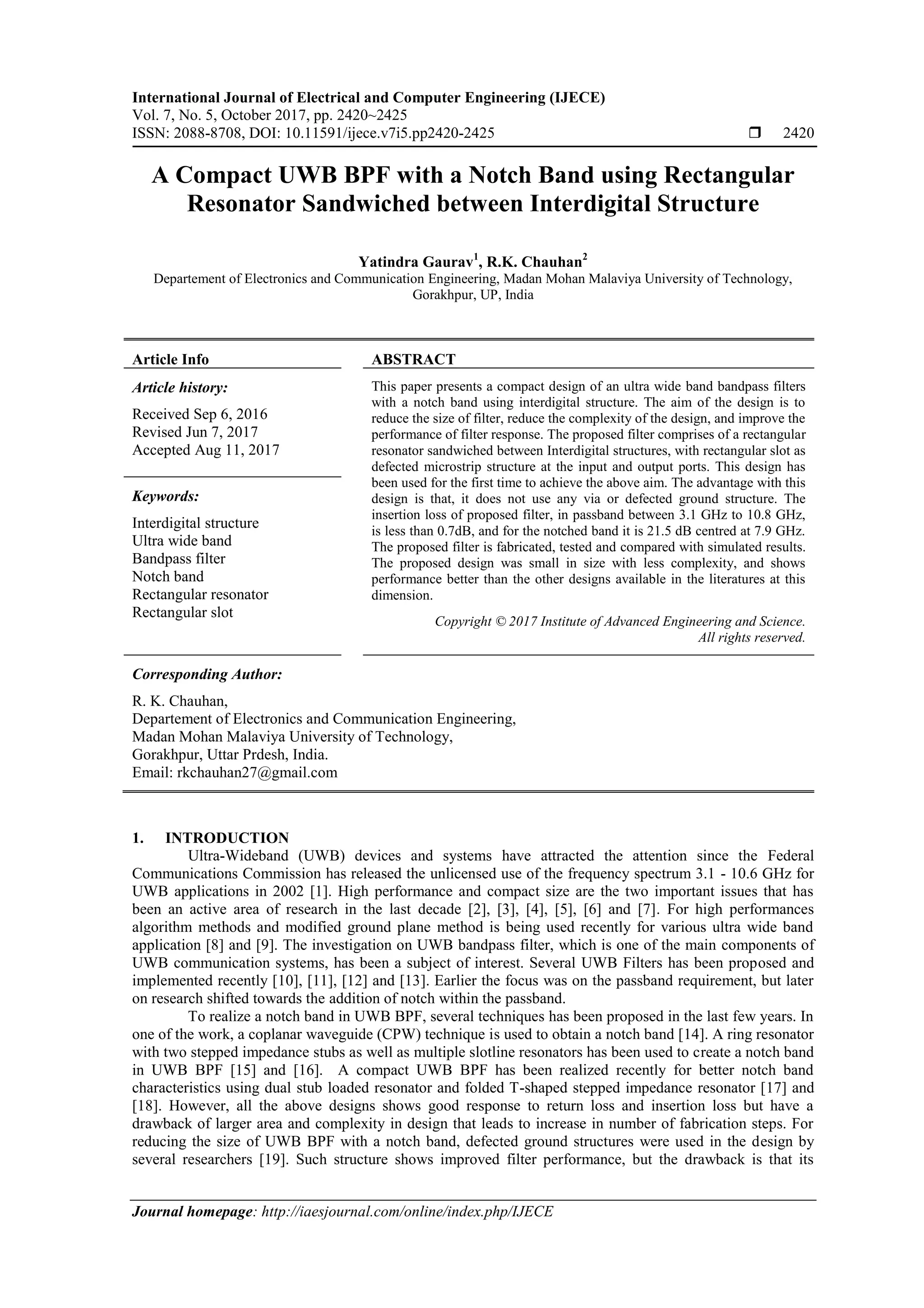 A Compact UWB BPF with a Notch Band using Rectangular Resonator Sandwiched between Interdigital ...
