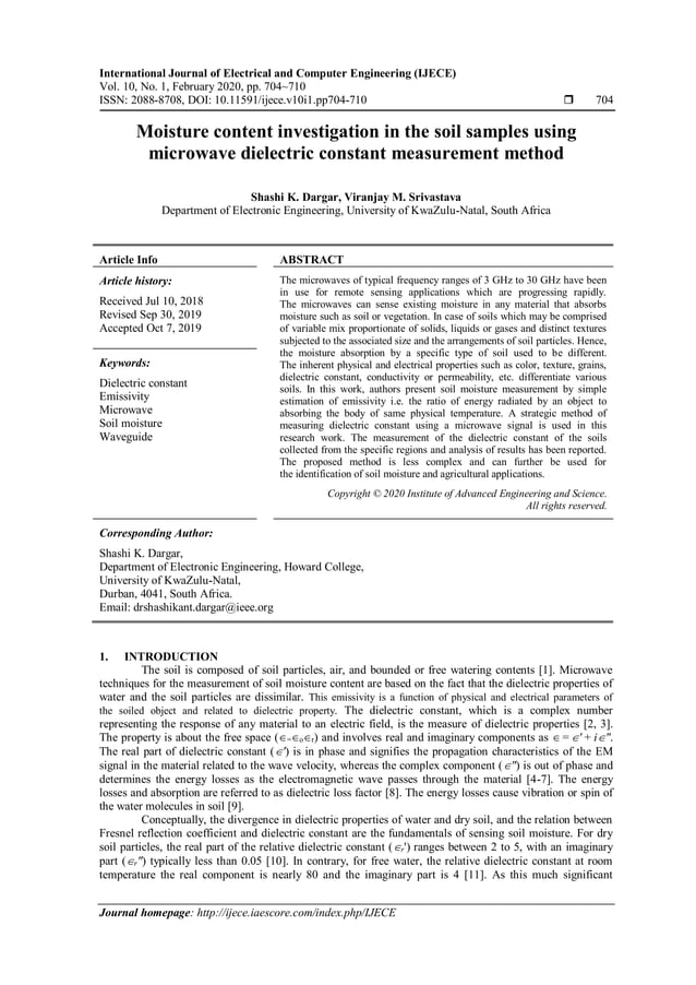 Moisture content investigation in the soil samples using microwave dielectric constant ...