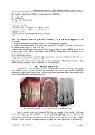 Immediate Restoration of Single Implants Replacing Lateral Incisor Compromised by Internal ...