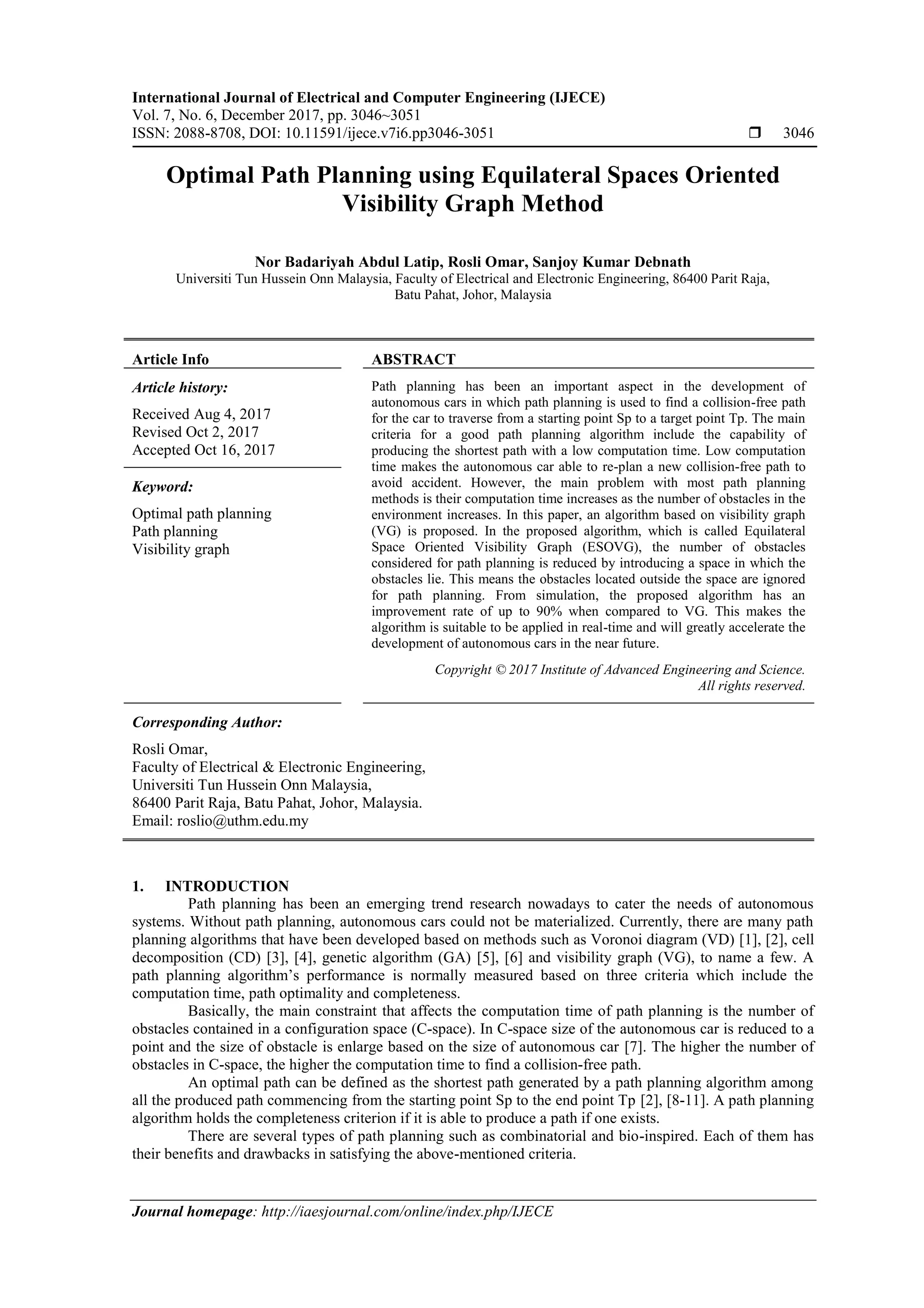 Optimal Path Planning using Equilateral Spaces Oriented Visibility Graph Method | PDF
