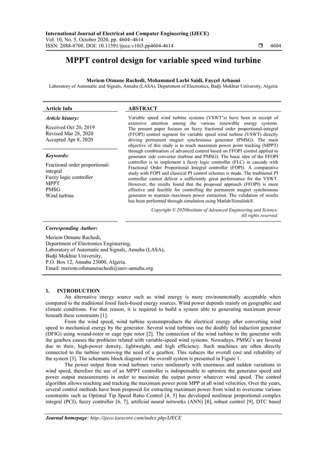 MPPT control design for variable speed wind turbine | PDF