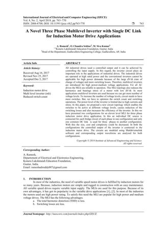 A Novel Three Phase Multilevel Inverter with Single DC Link for ...