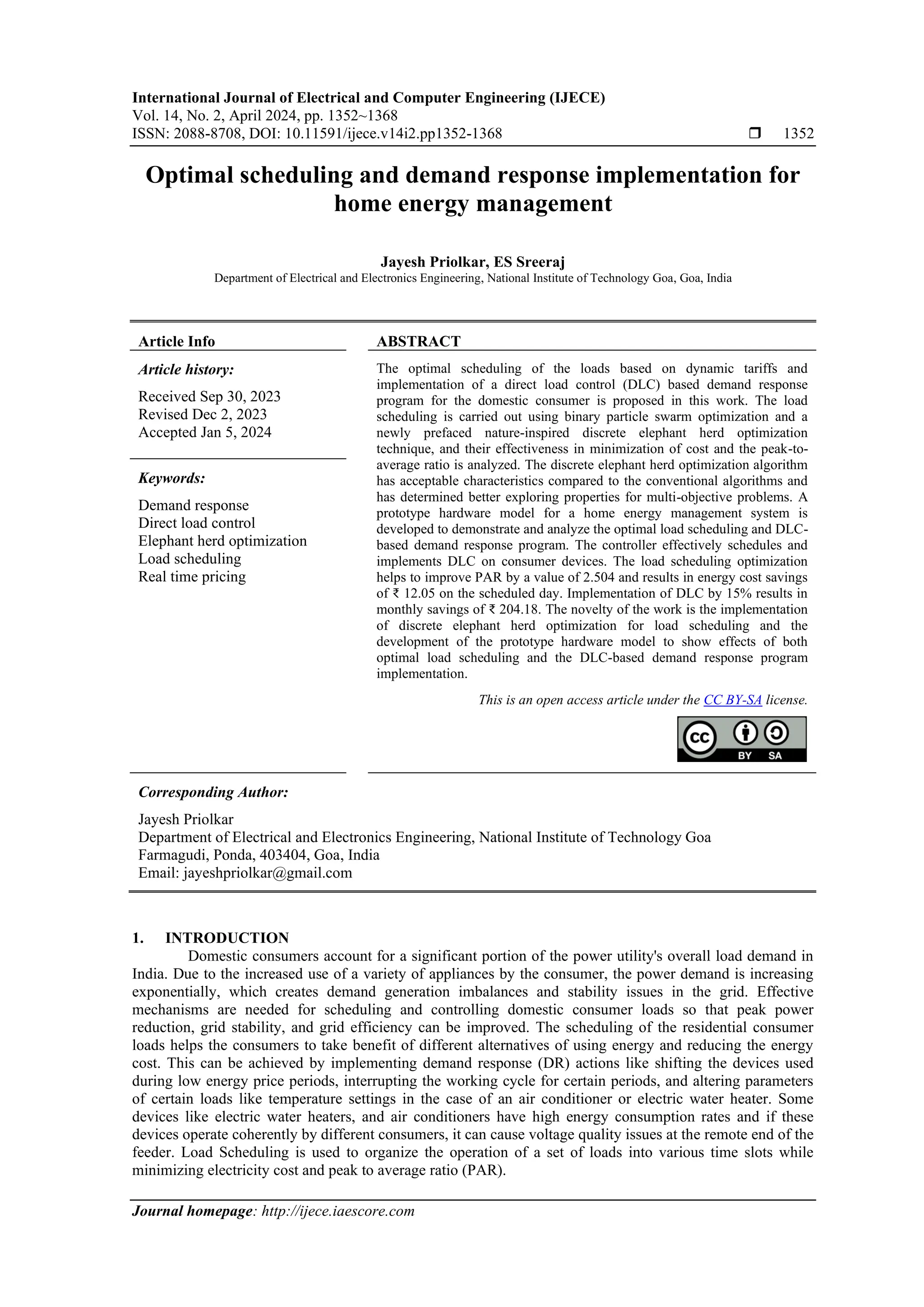 Optimal scheduling and demand response implementation for home energy management | PDF