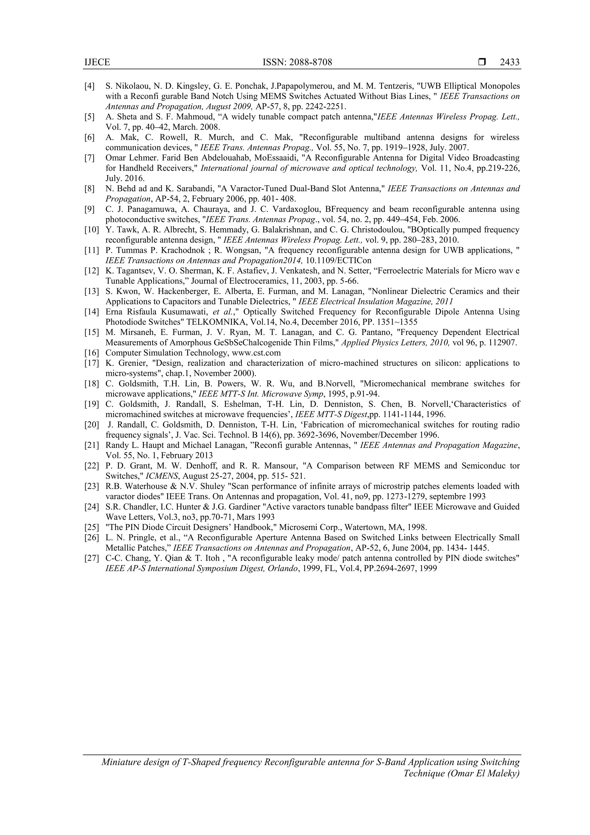 Miniature Design Of T Shaped Frequency Reconfigurable Antenna For S Band Application Using