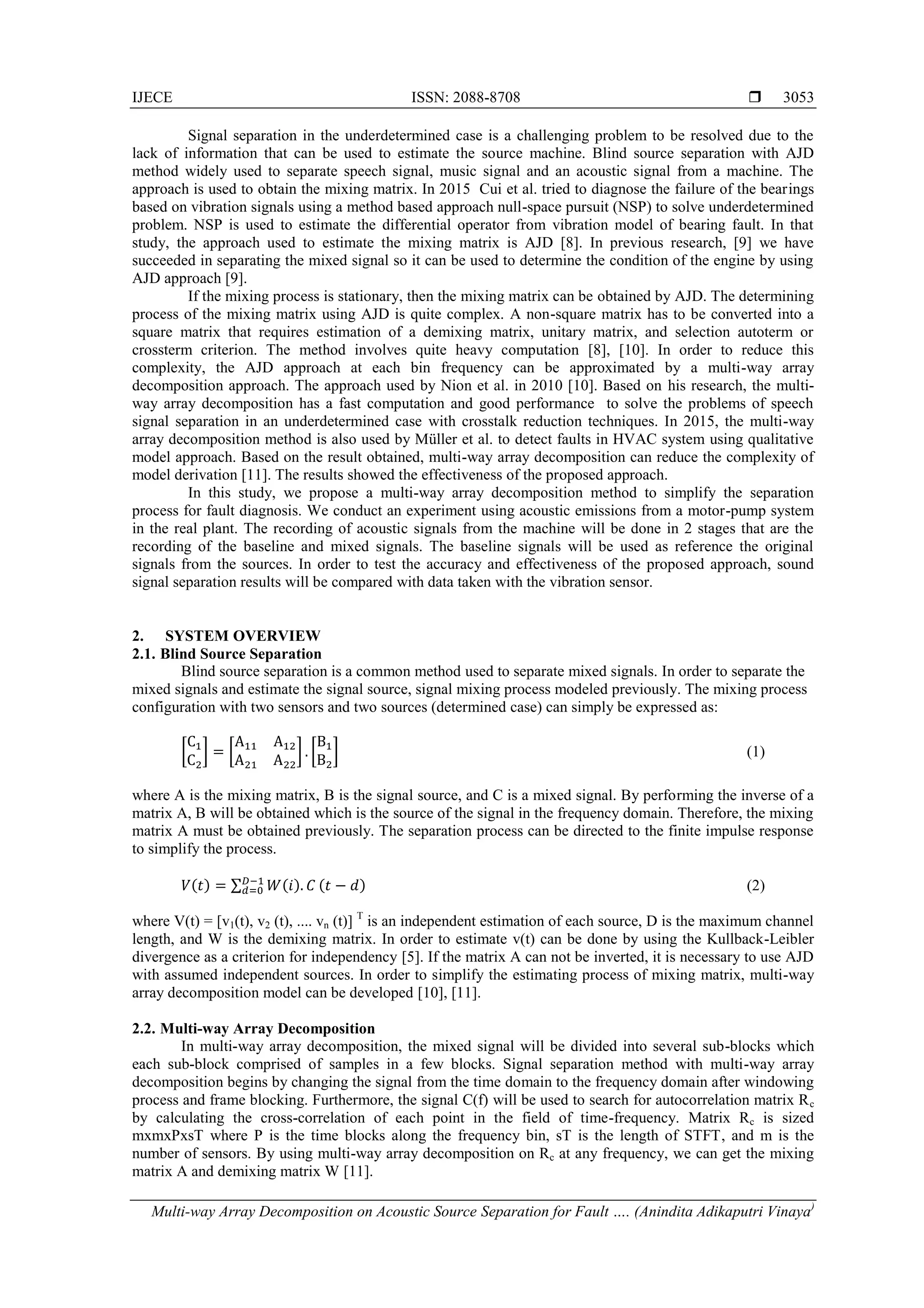 Multi Way Array Decomposition On Acoustic Source Separation For Fault Diagnosis Of A Motor Pump