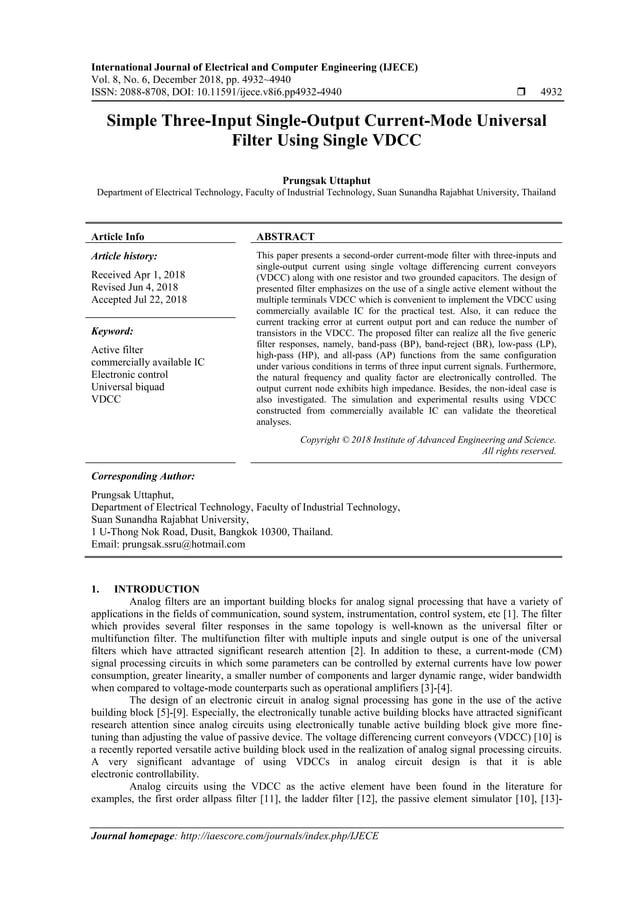 Simple Three-Input Single-Output Current-Mode Universal Filter Using ... Simple Three-Input Single-Output Current-Mode Universal Filter Using ...