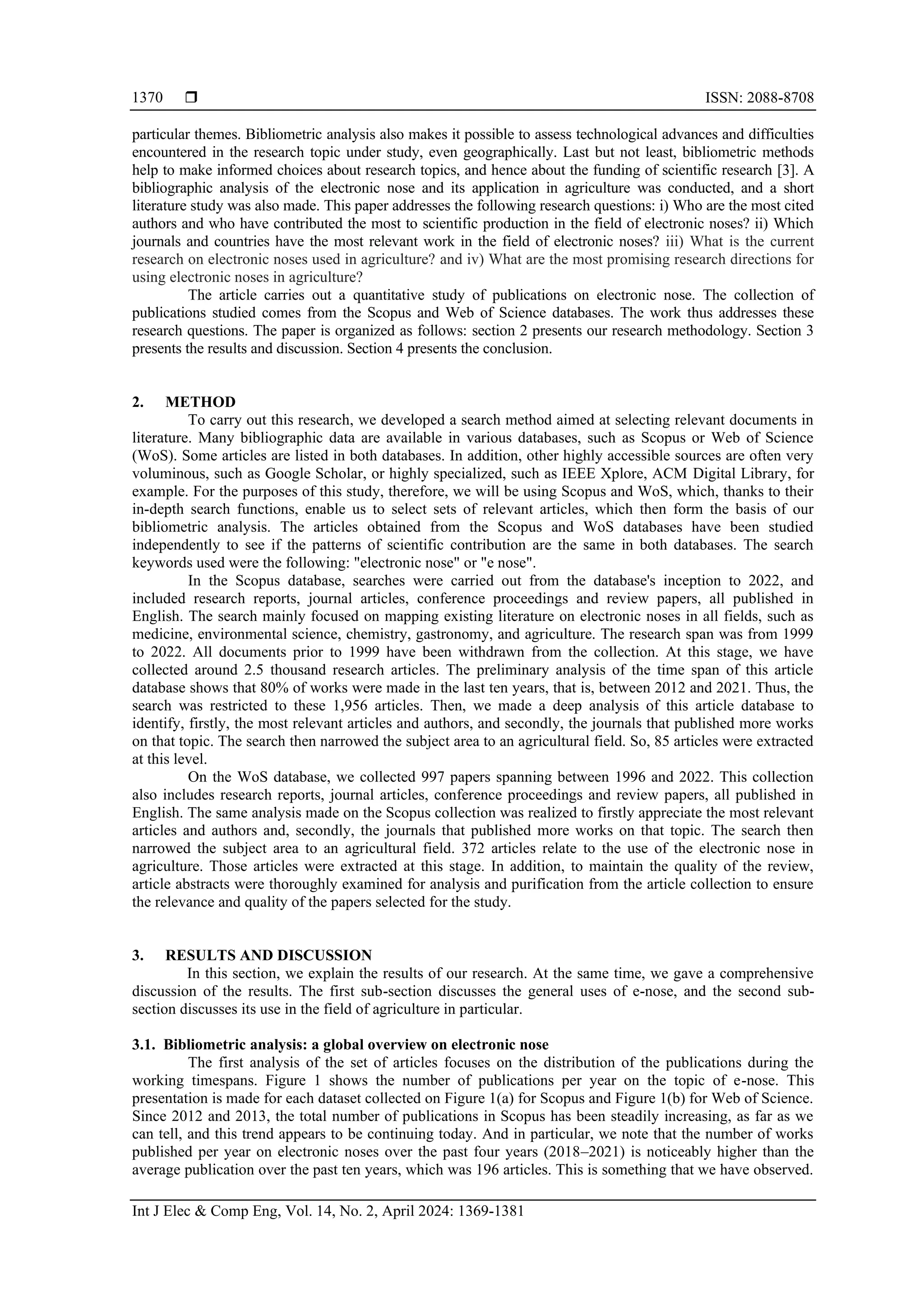 Bibliometric analysis and survey on electronic nose used in agriculture ...
