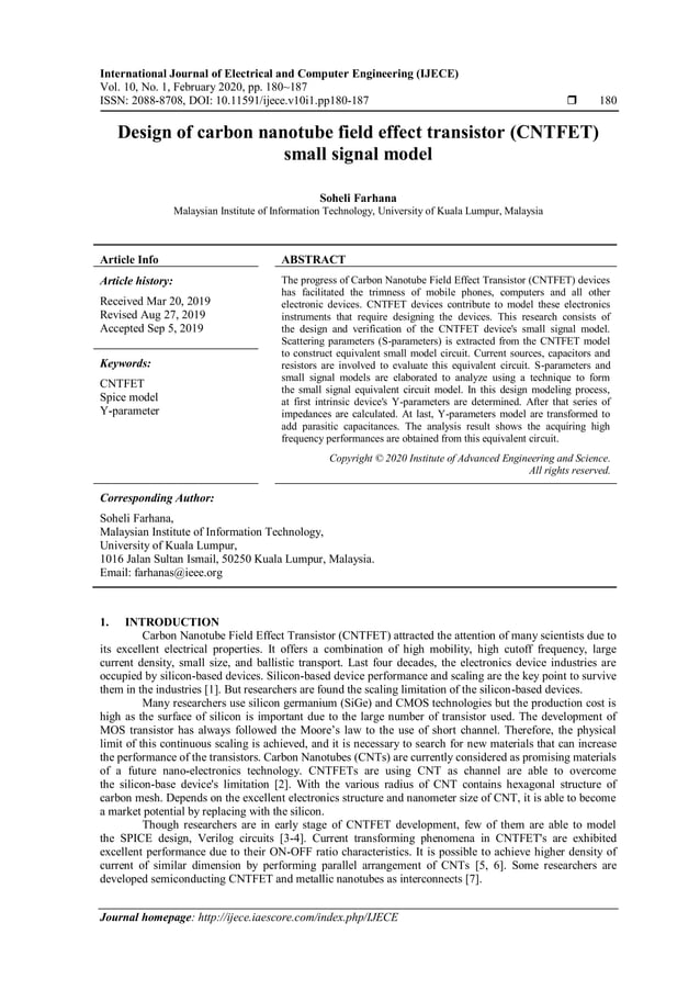 Design Of Carbon Nanotube Field Effect Transistor Cntfet Small Signal