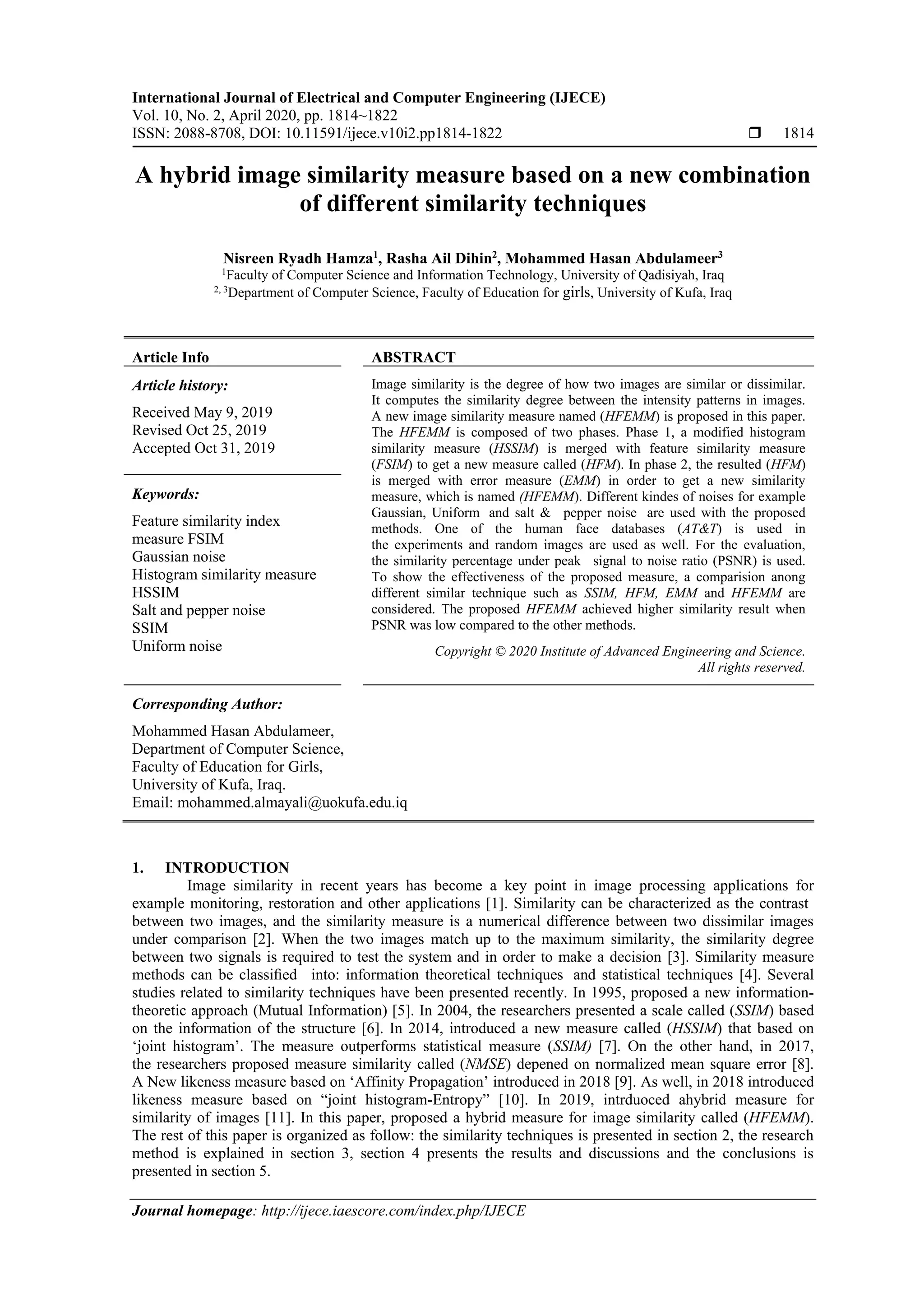 A hybrid image similarity measure based on a new combination of ...