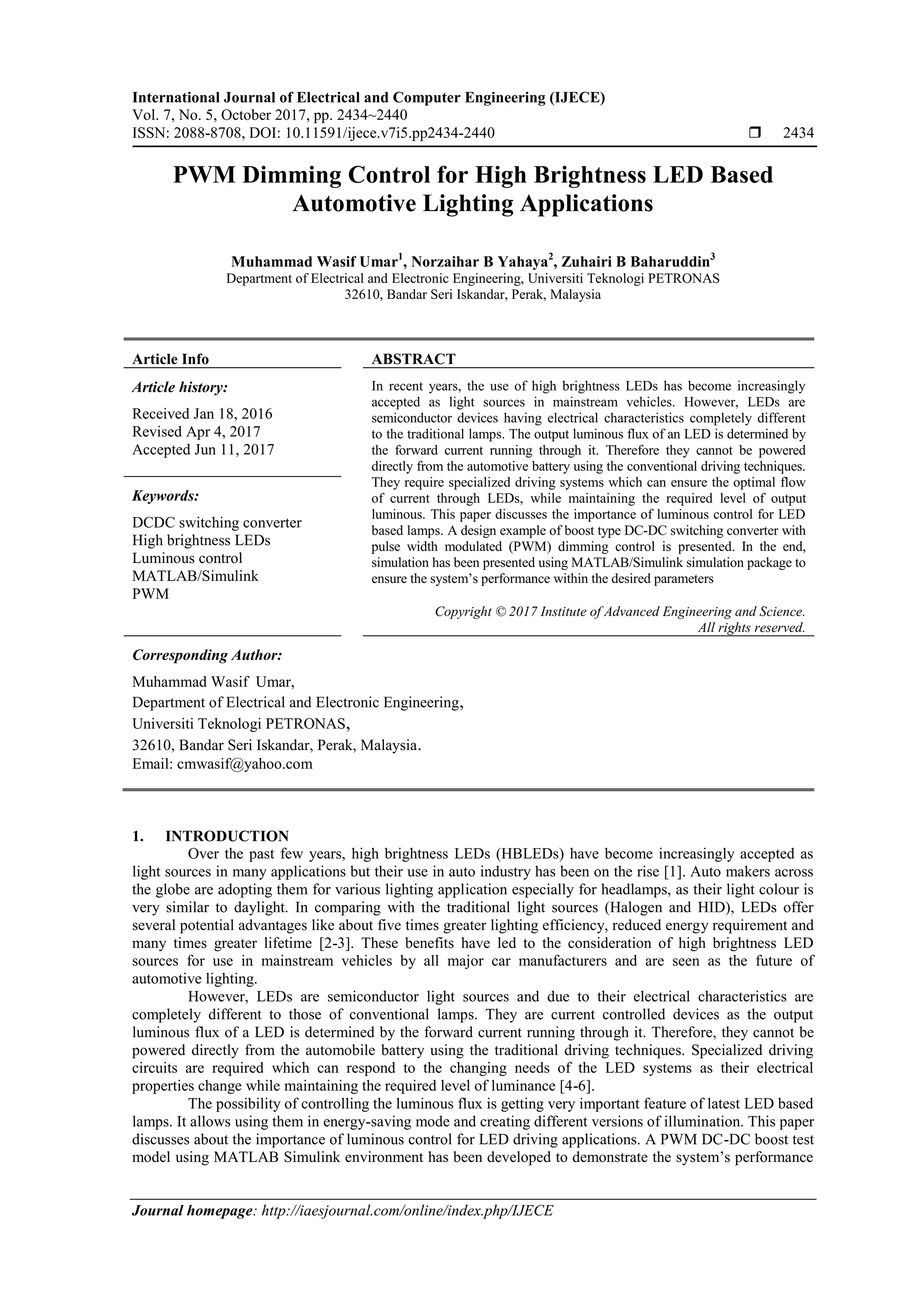 PWM Dimming Control for High Brightness LED Based Automotive Lighting ...