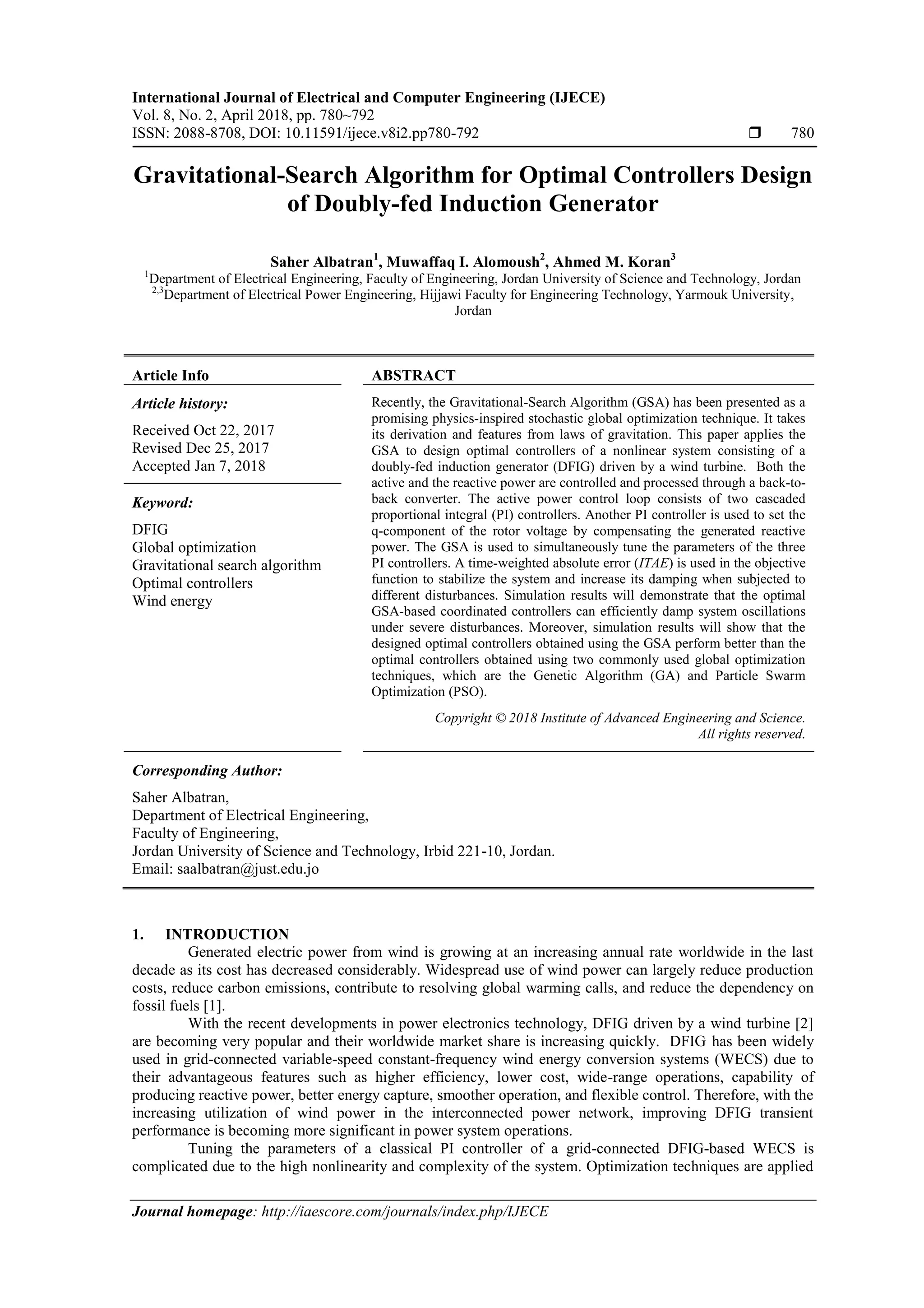 Gravitational-Search Algorithm for Optimal Controllers Design of Doubly-fed Induction Generator ...
