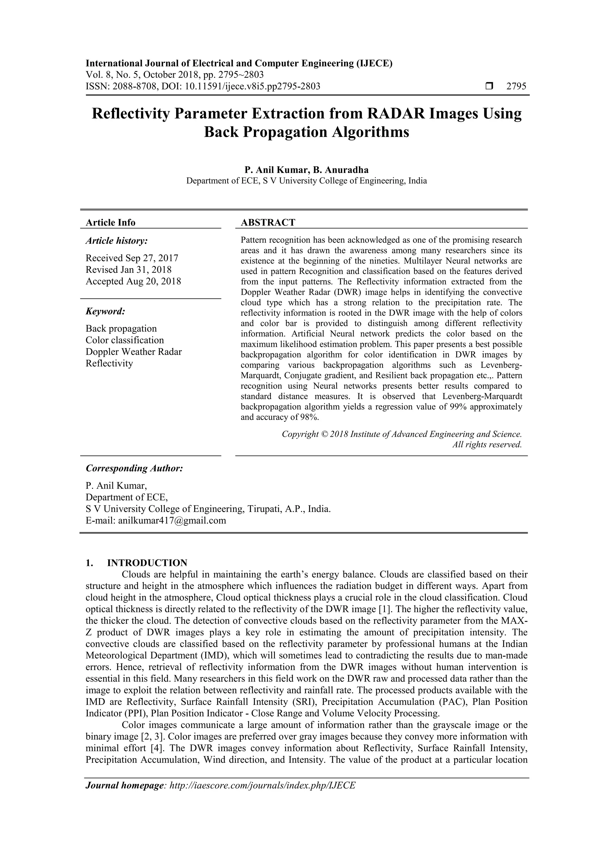 Reflectivity Parameter Extraction from RADAR Images Using Back Propagation Algorithms | PDF