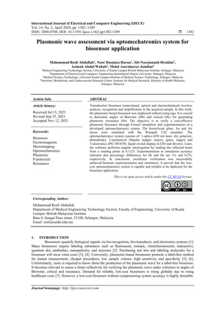 Plasmonic wave assessment via optomechatronics system for biosensor application | PDF