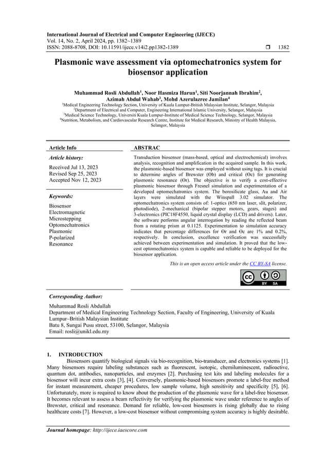 Plasmonic wave assessment via optomechatronics system for biosensor application | PDF ...