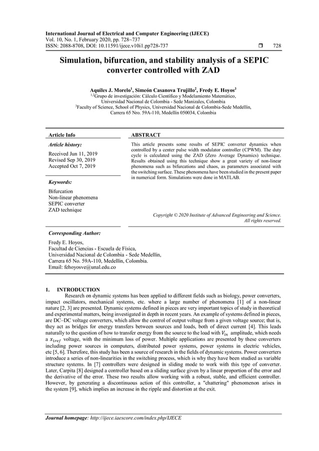 Simulation, bifurcation, and stability analysis of a SEPIC converter controlled with ZAD | PDF