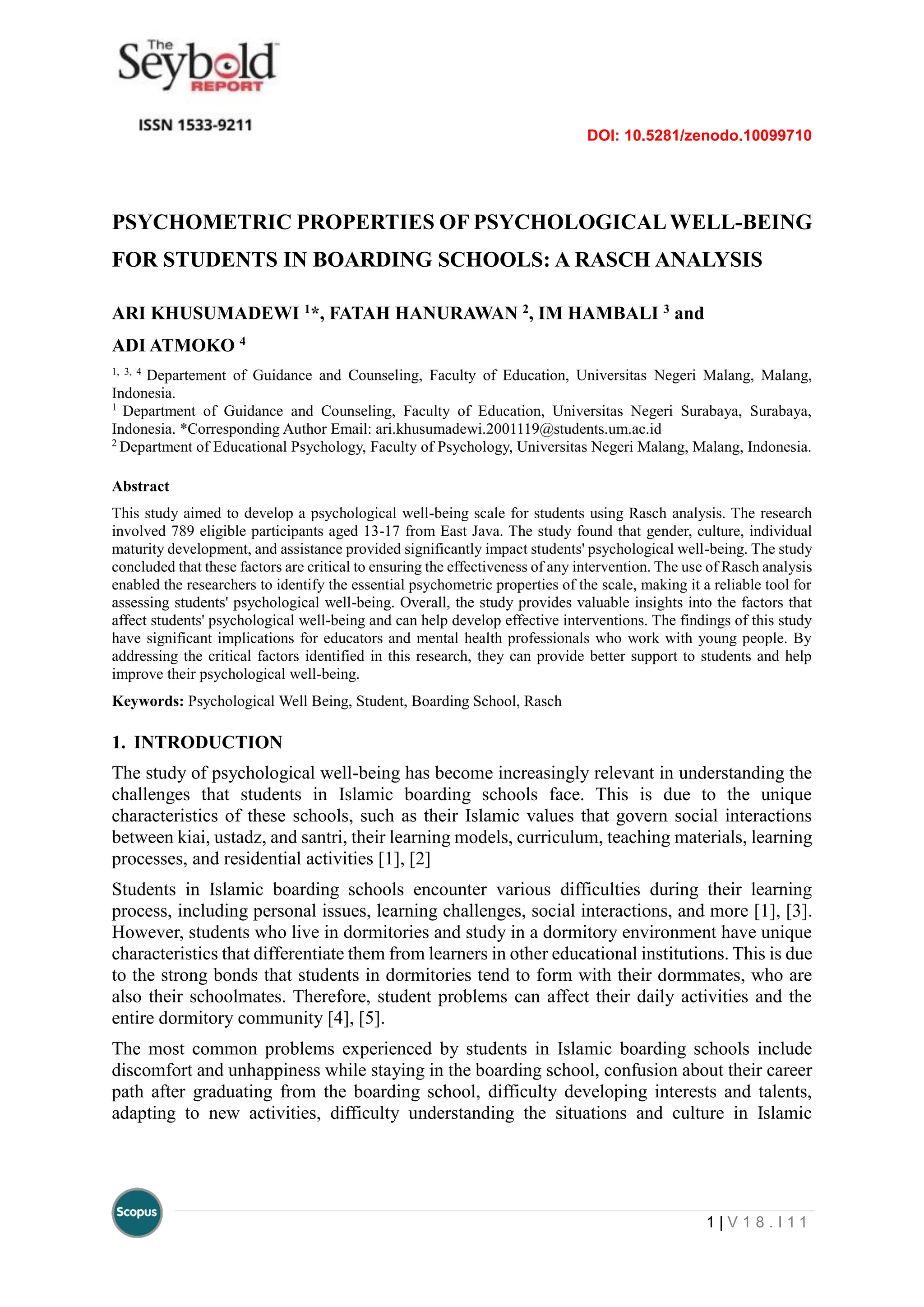 PSYCHOMETRIC PROPERTIES OF PSYCHOLOGICAL WELL-BEING FOR STUDENTS IN ...