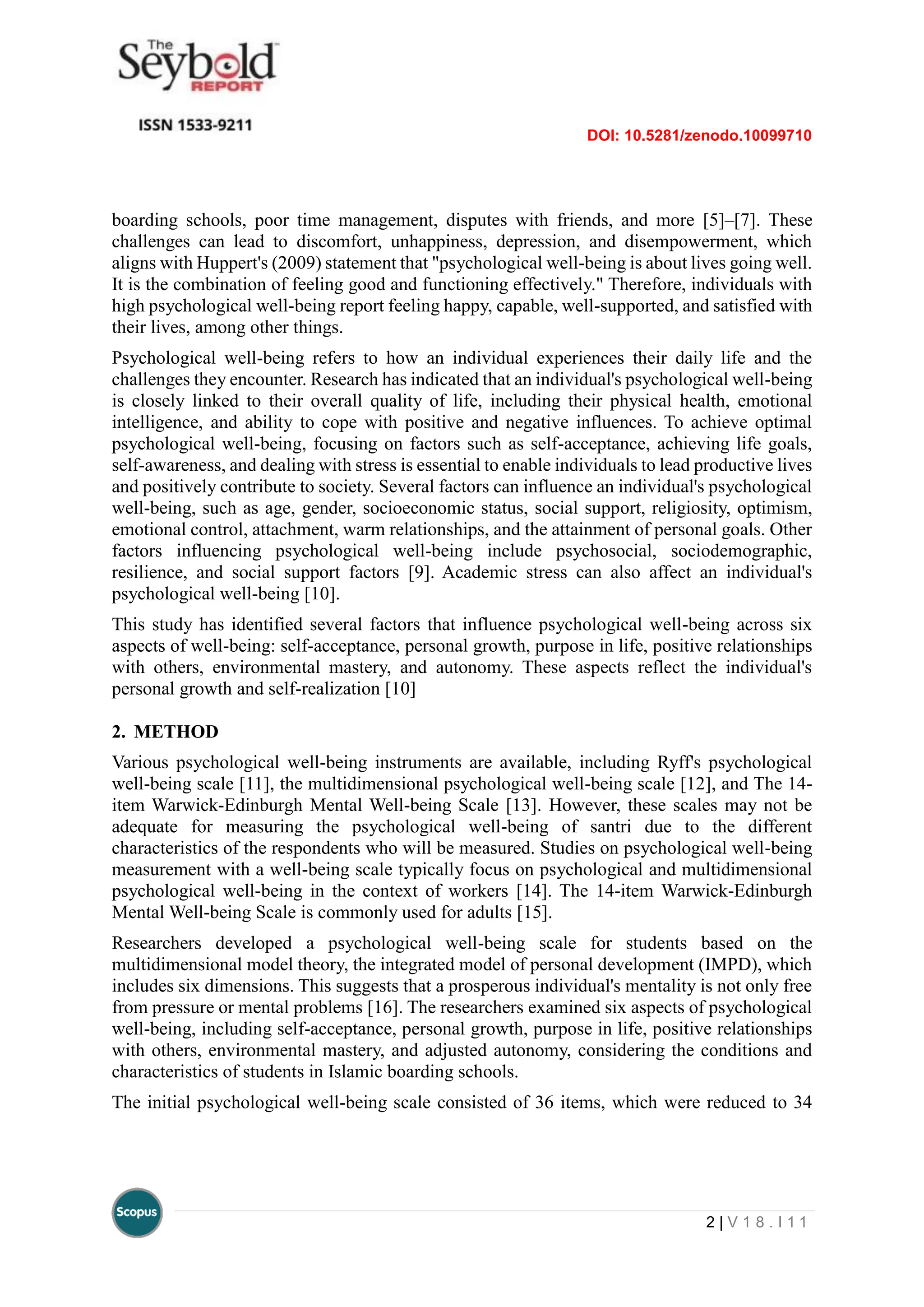 PSYCHOMETRIC PROPERTIES OF PSYCHOLOGICAL WELL-BEING FOR STUDENTS IN ...