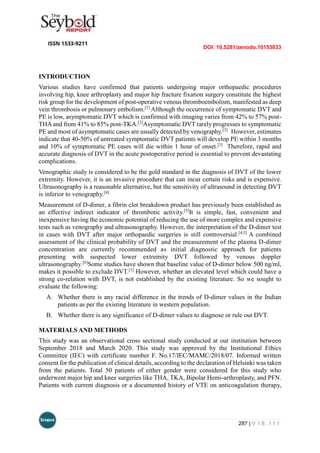 ANALYSIS OF D-DIMER VALUES IN POST-OPERATIVE PATIENTS OF MAJOR HIP AND ...