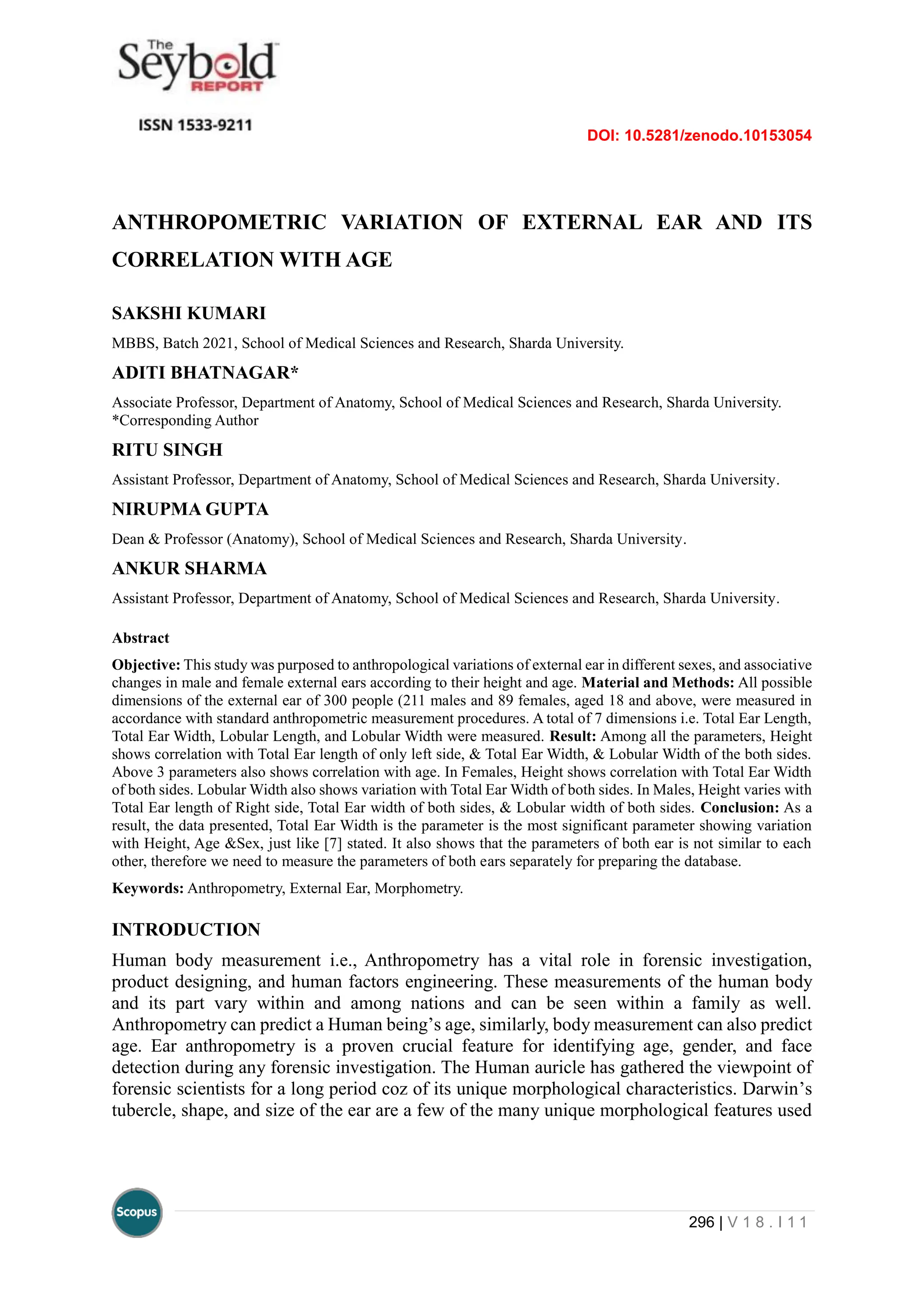 ANTHROPOMETRIC VARIATION OF EXTERNAL EAR AND ITS CORRELATION WITH AGE | PDF