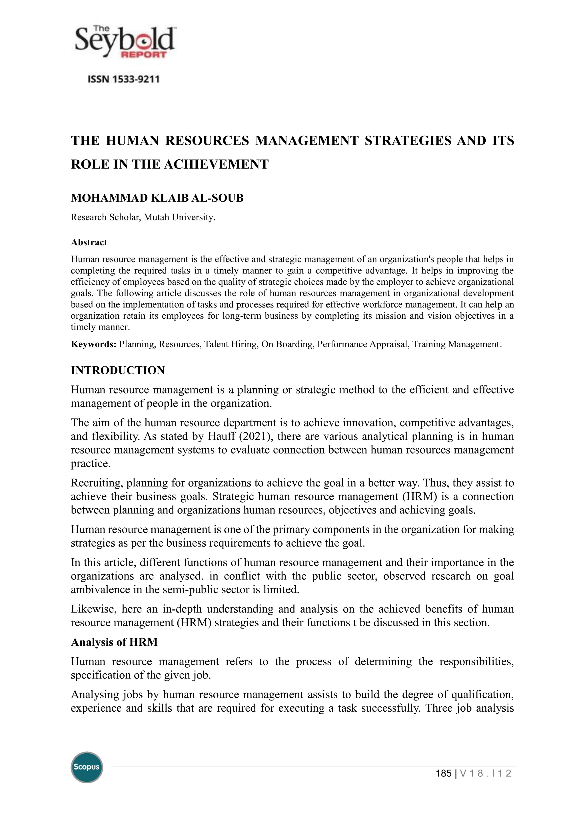 THE HUMAN RESOURCES MANAGEMENT STRATEGIES AND ITS ROLE IN THE ...