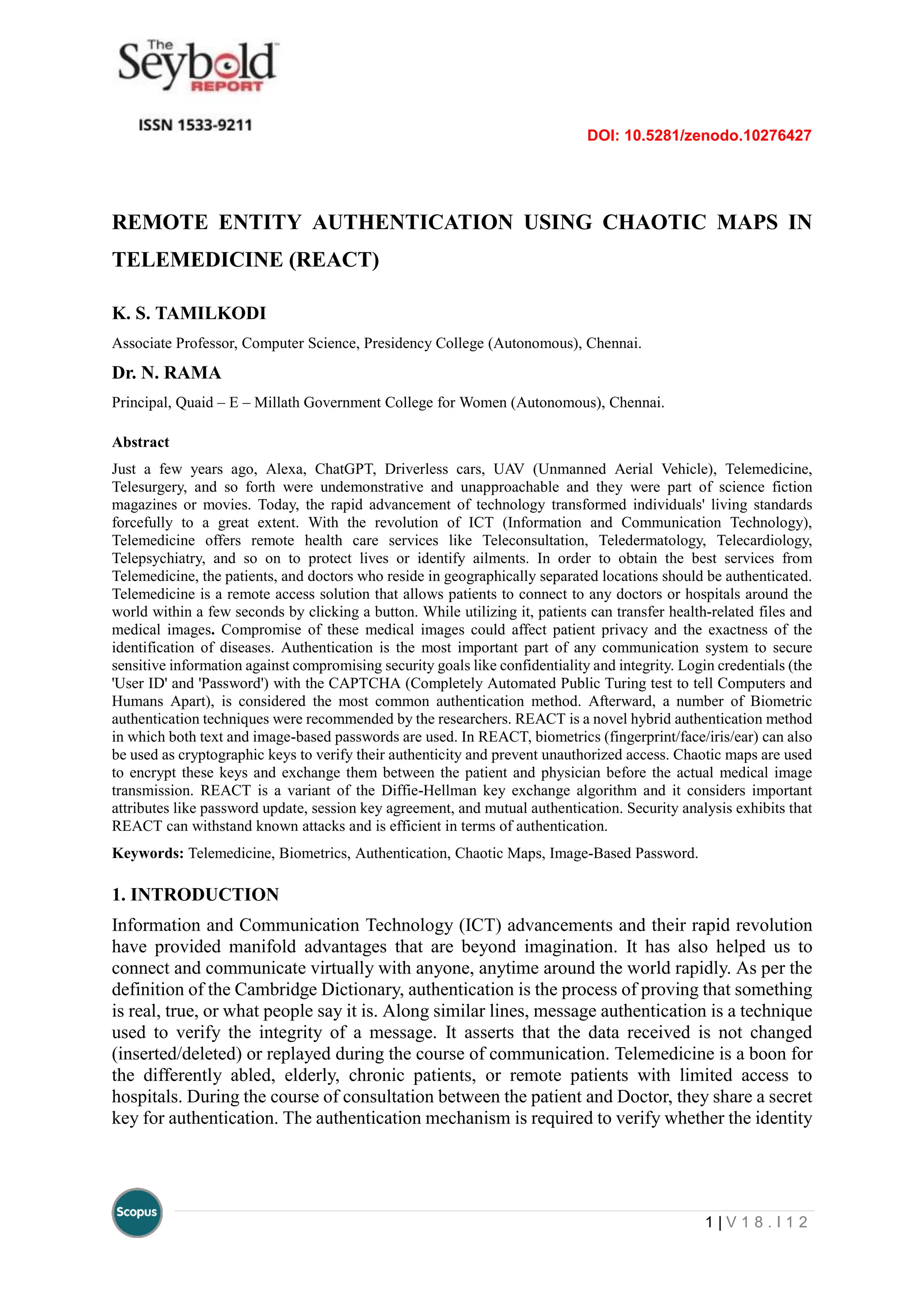 REMOTE ENTITY AUTHENTICATION USING CHAOTIC MAPS IN TELEMEDICINE (REACT) | PDF