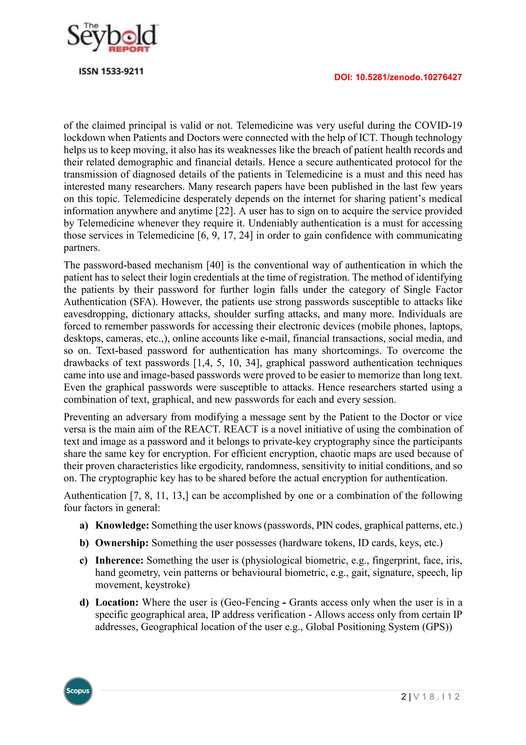 REMOTE ENTITY AUTHENTICATION USING CHAOTIC MAPS IN TELEMEDICINE (REACT ...