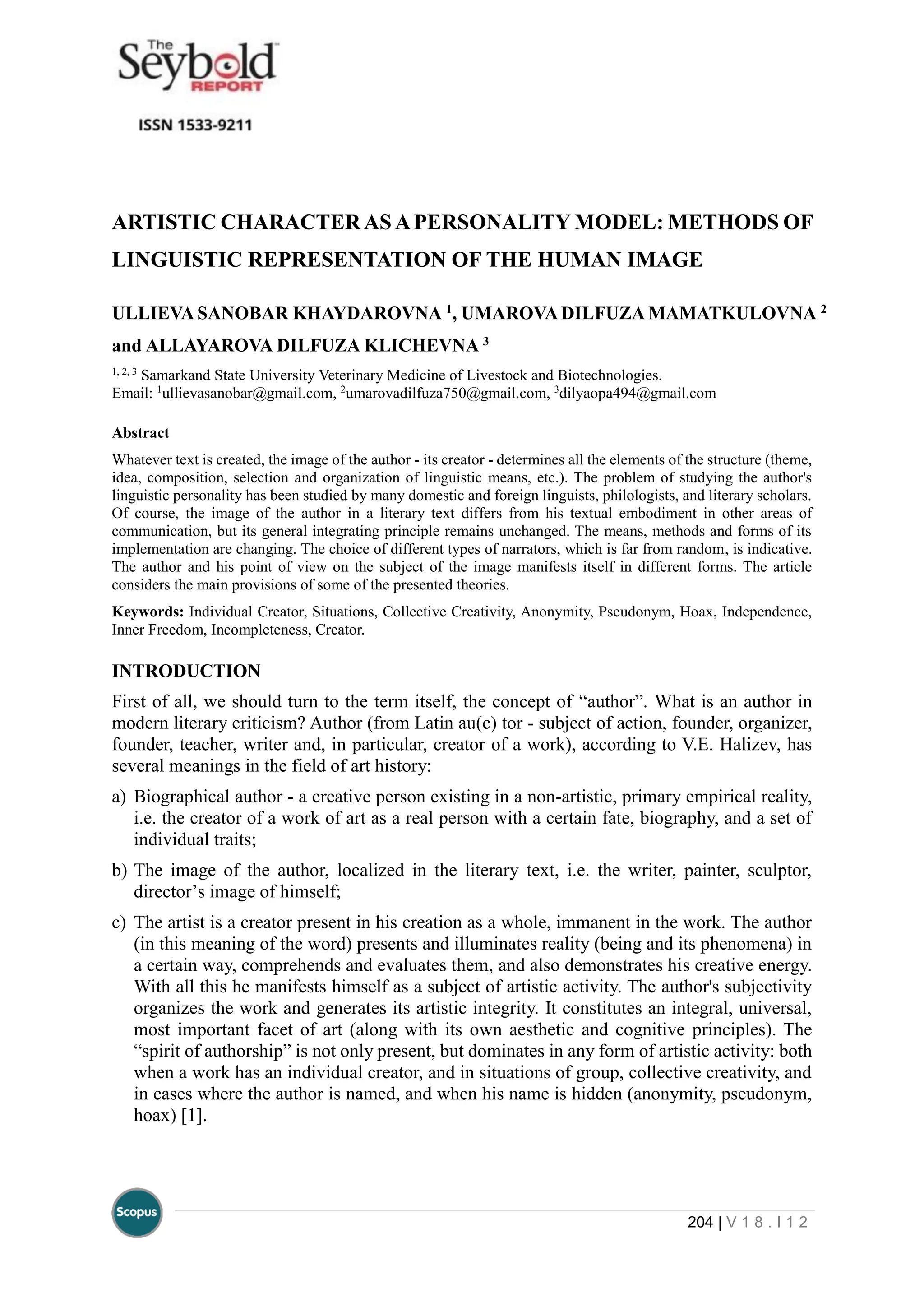 ARTISTIC CHARACTER AS A PERSONALITY MODEL: METHODS OF LINGUISTIC ...
