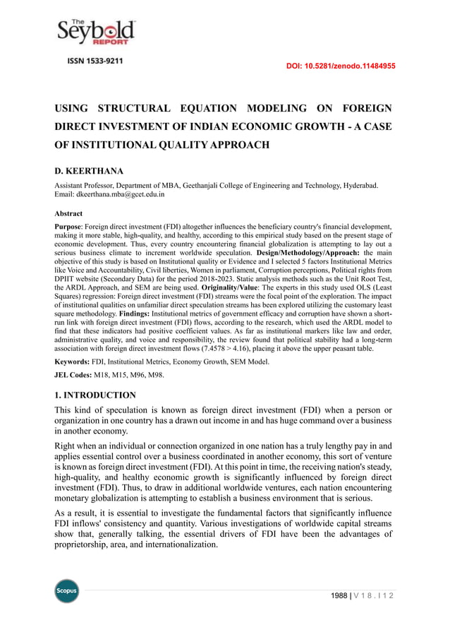 Using Structural Equation Modeling On Foreign Direct Investment Of Indian Economic Growth A