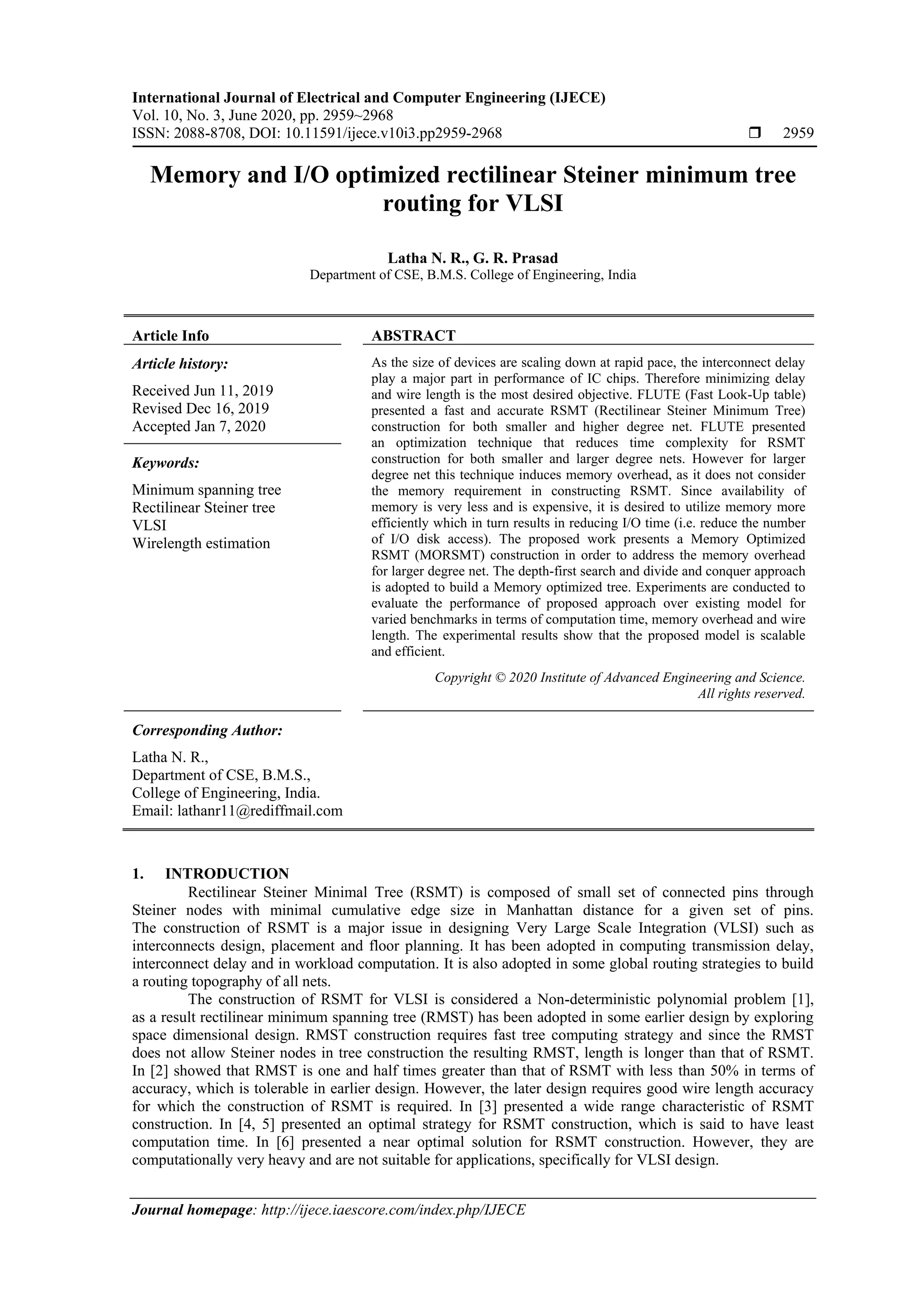 Memory and I/O optimized rectilinear Steiner minimum tree routing for VLSI | PDF