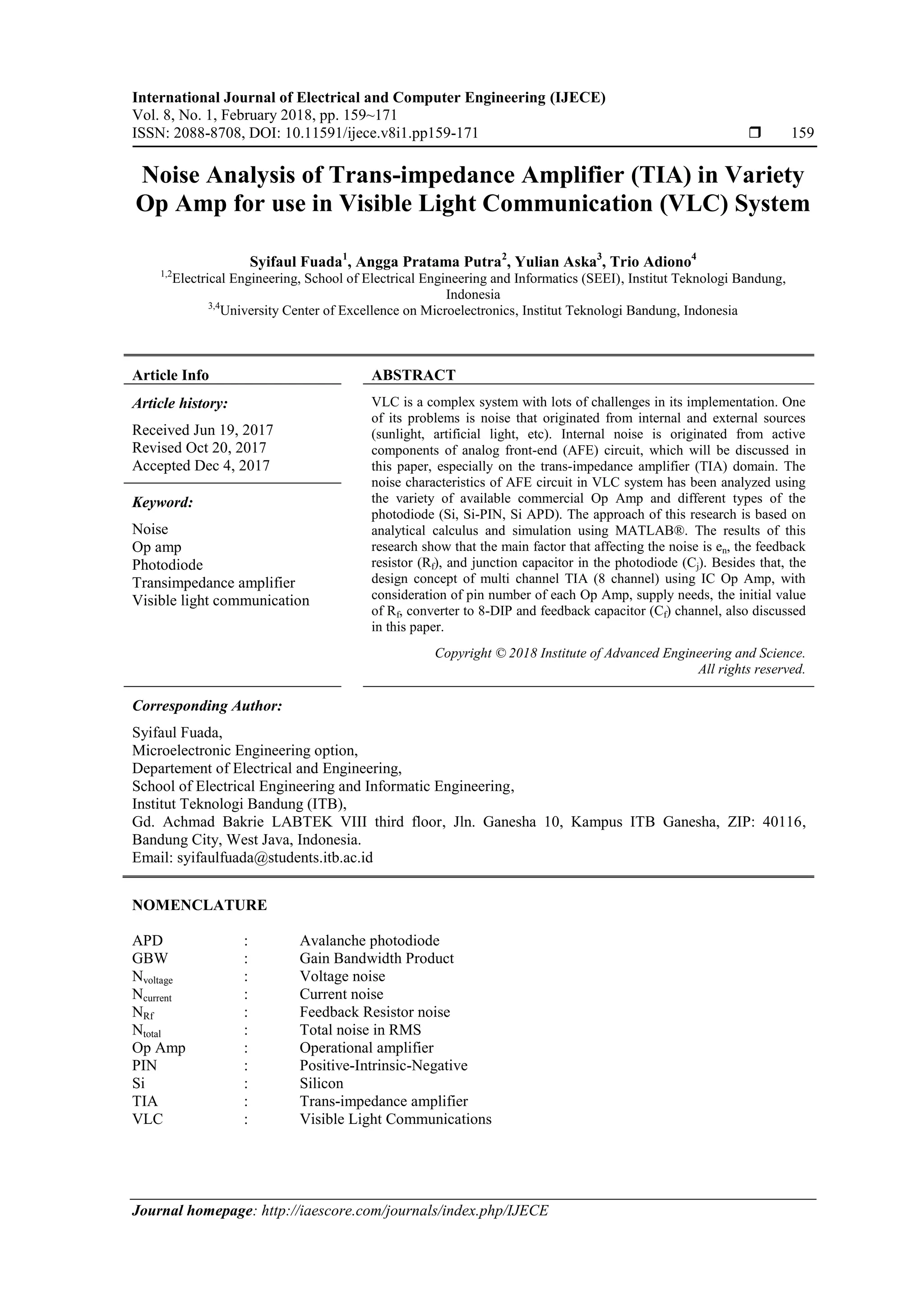Noise Analysis of Trans-impedance Amplifier (TIA) in Variety Op Amp for ...
