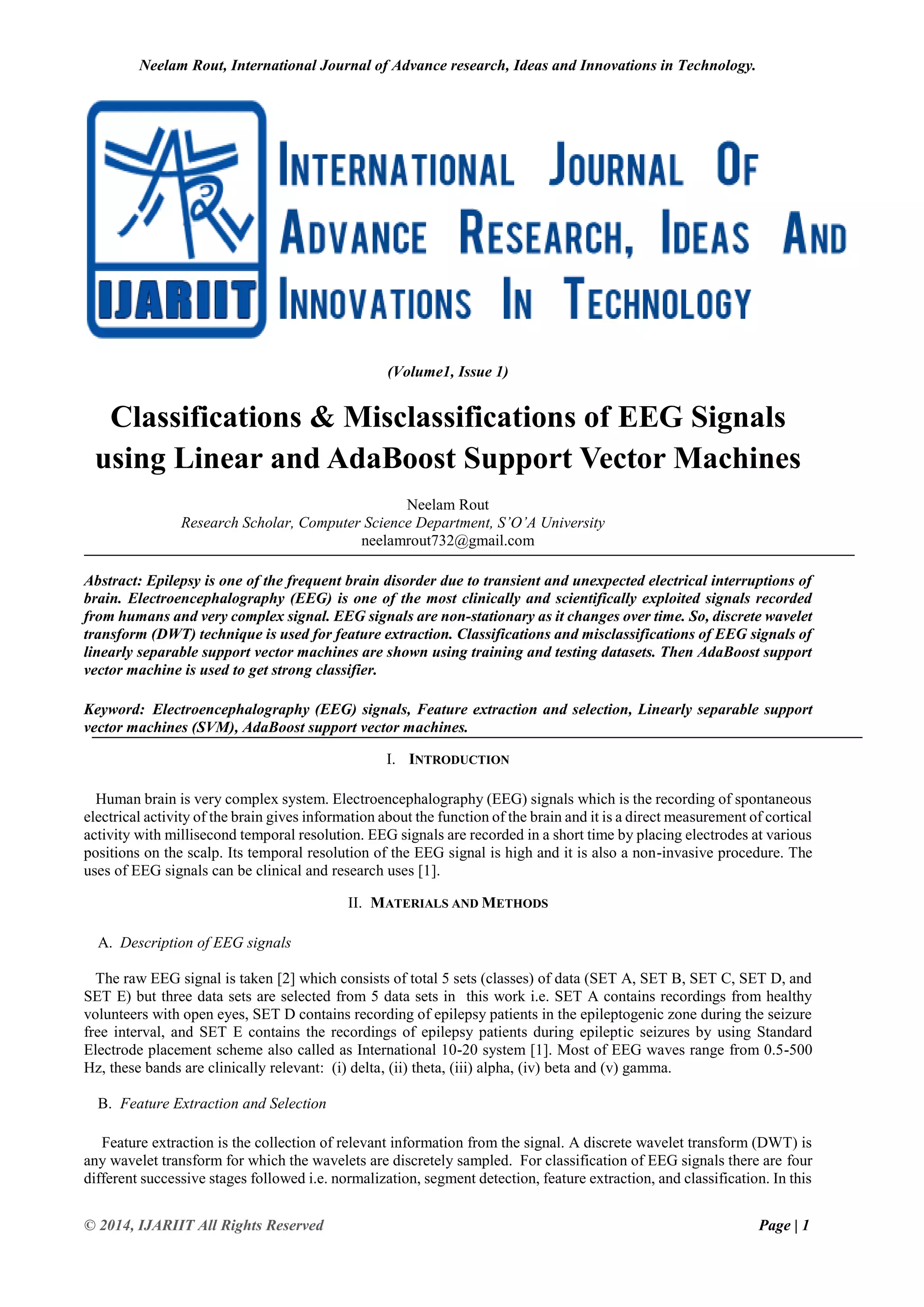 Classifications And Misclassifications Of Eeg Signals Using Linear And Adaboost Support Vector