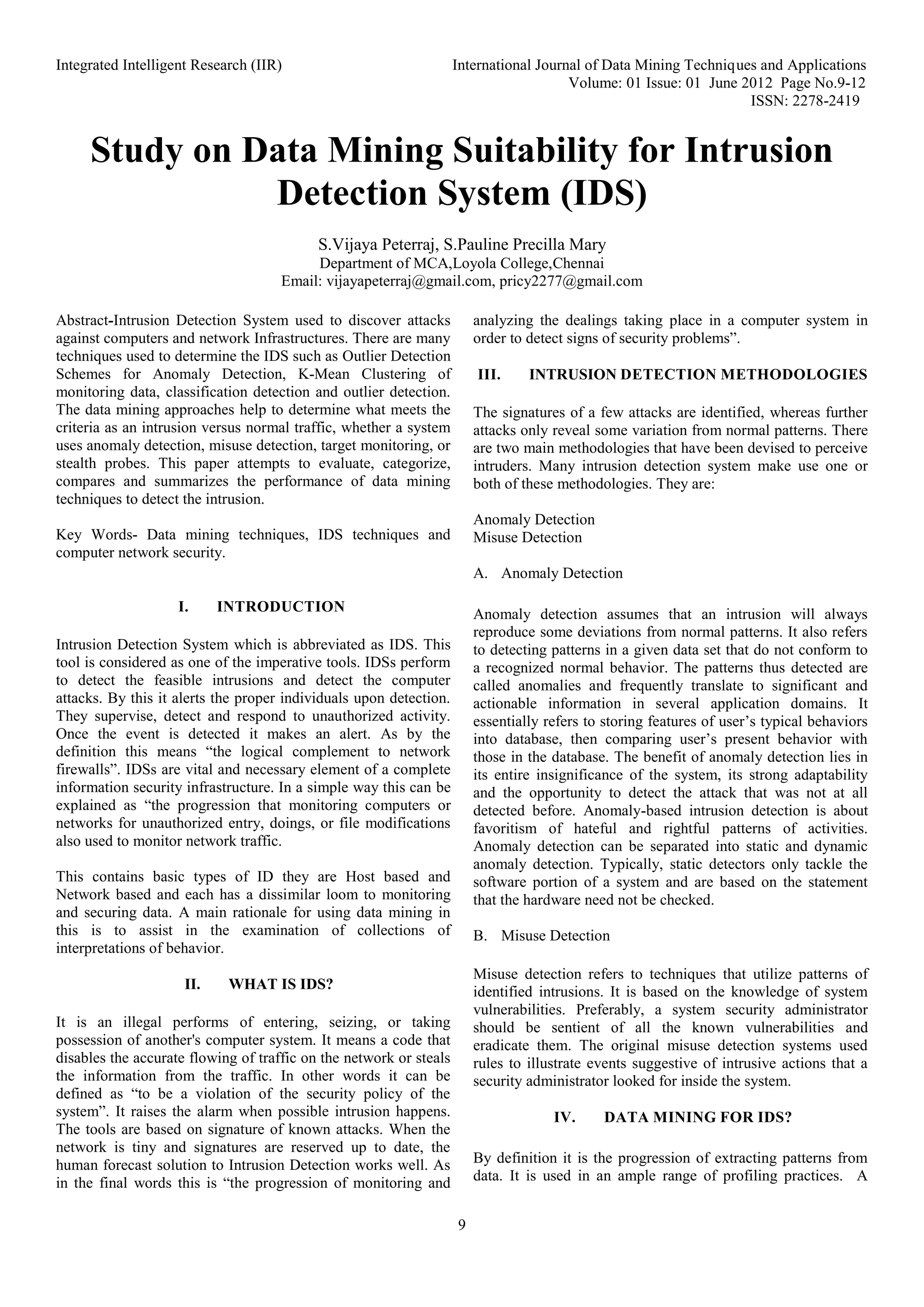 Study on Data Mining Suitability for Intrusion Detection System (IDS) | PDF | Databases ...
