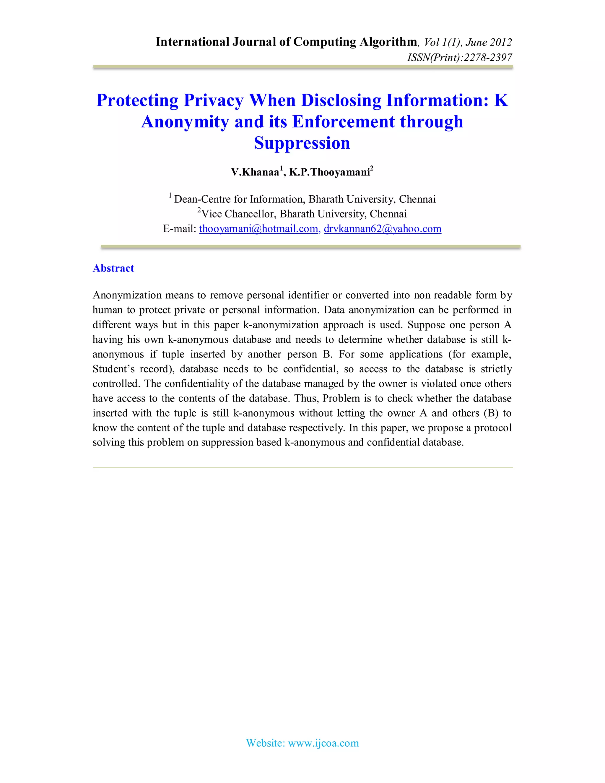 Protecting Privacy When Disclosing Information: K Anonymity and Its Enforcement through ...