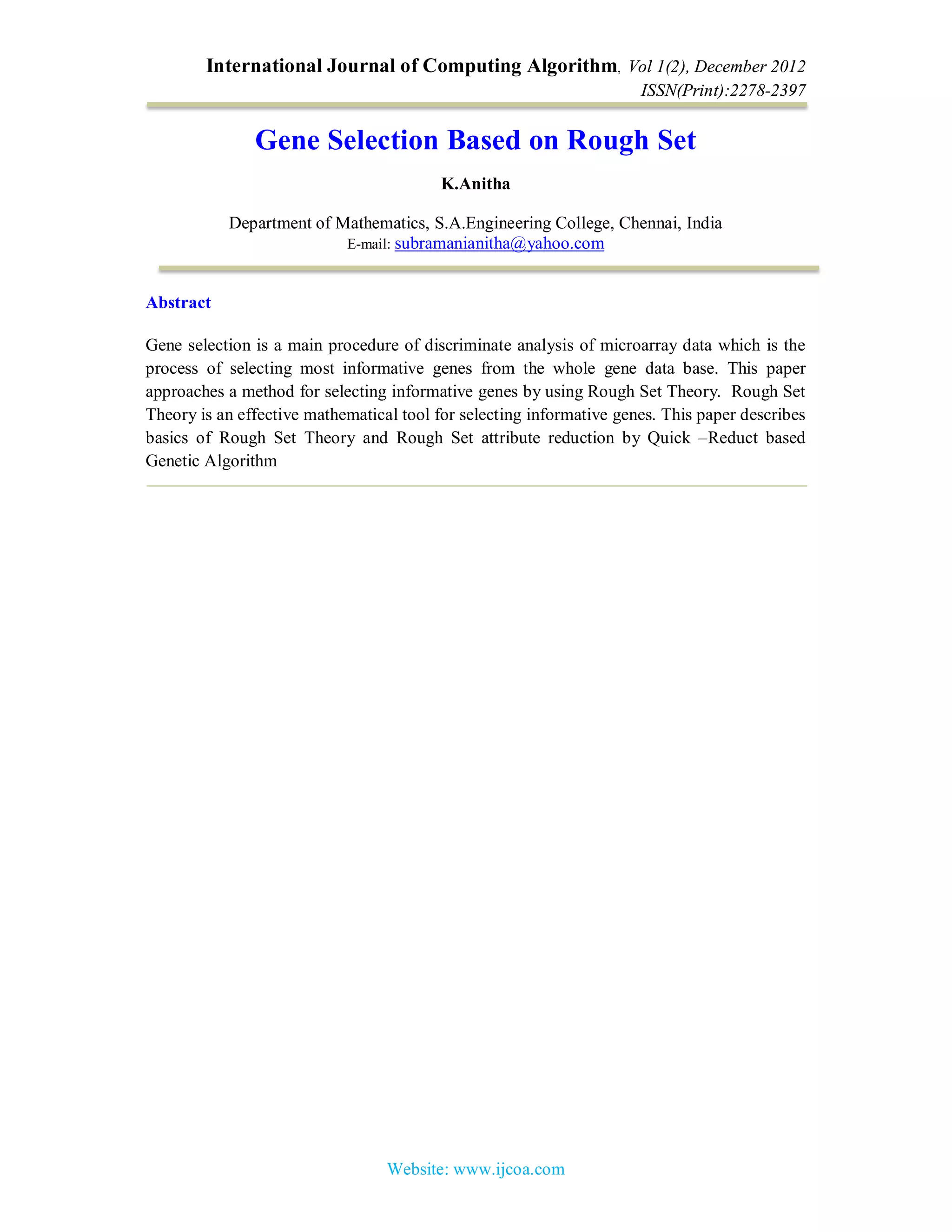 Gene Selection Based on Rough Set Applications of Rough Set on Computational Biology | PDF