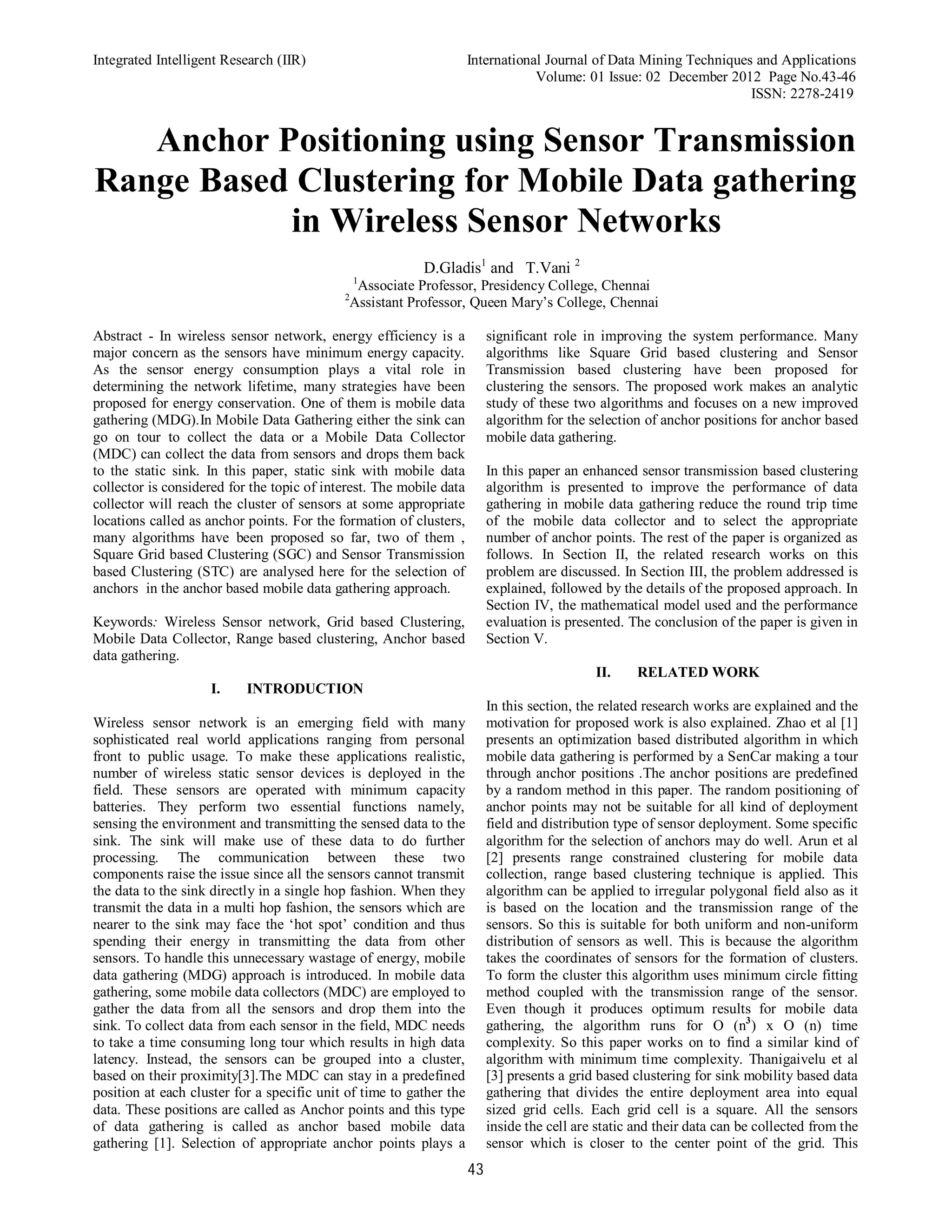 Anchor Positioning Using Sensor Transmission Range Based Clustering For Mobile Data Gathering In