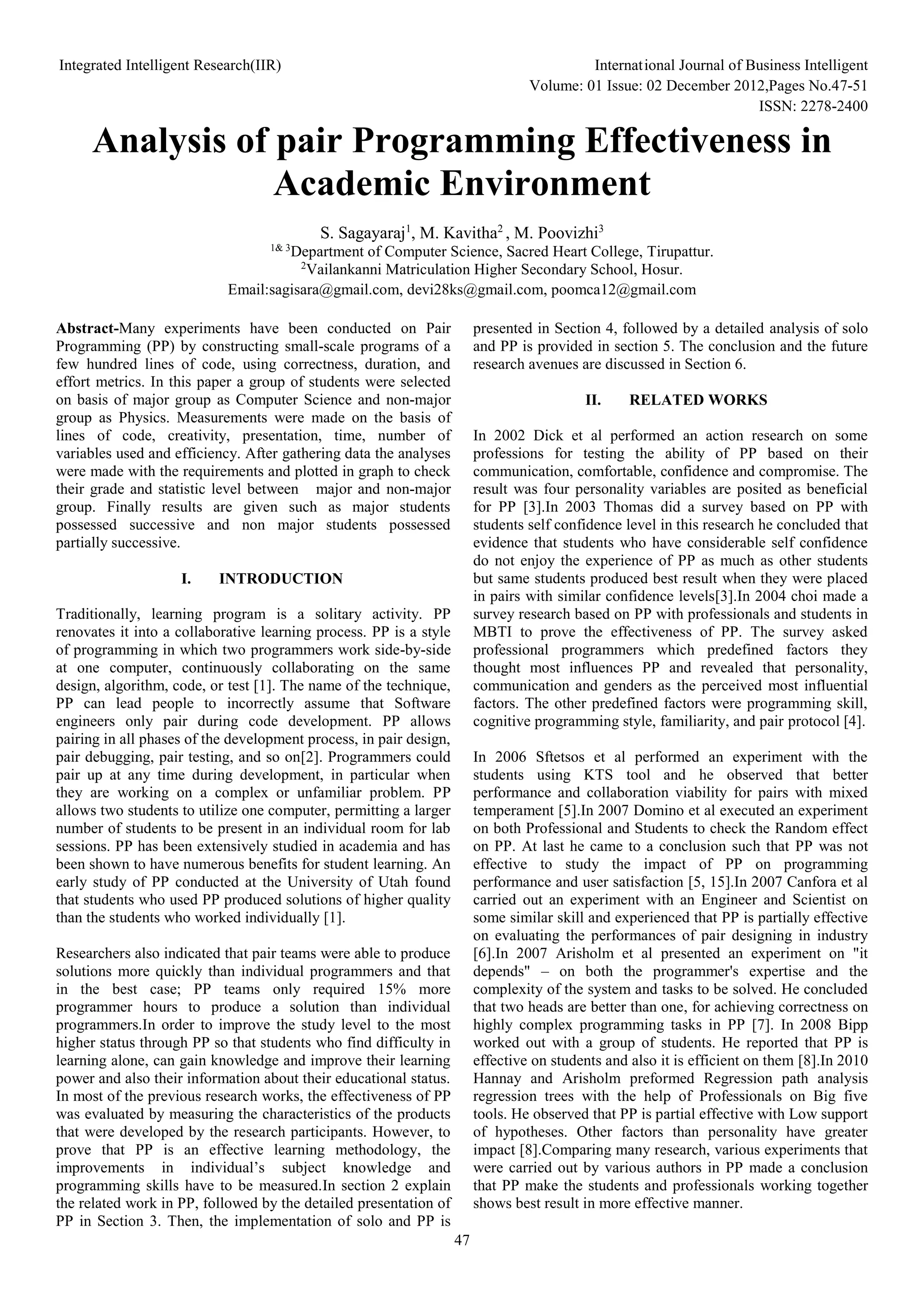 Analysis of pair Programming Effectiveness in Academic Environment | PDF