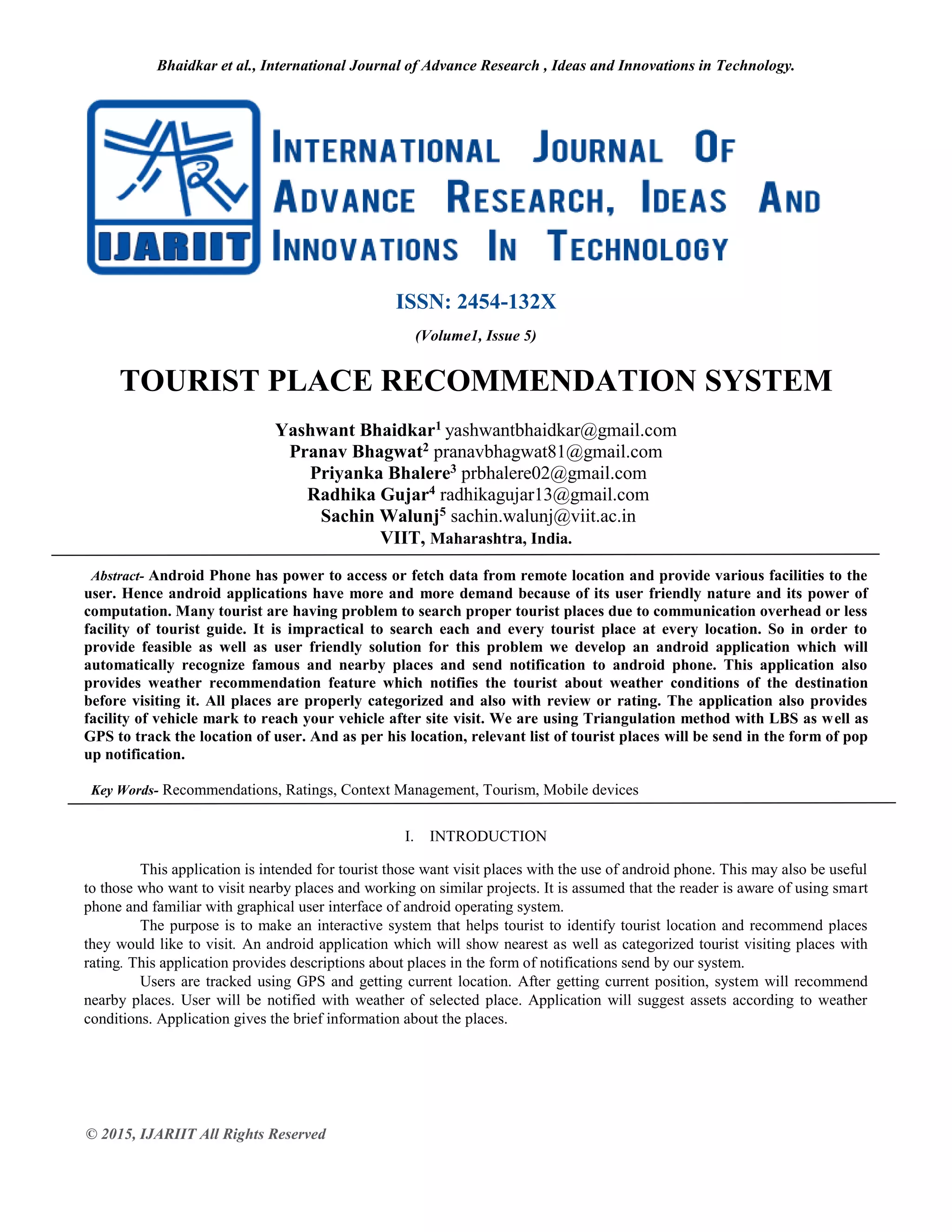 Tourist Place Recommendation System Pdf